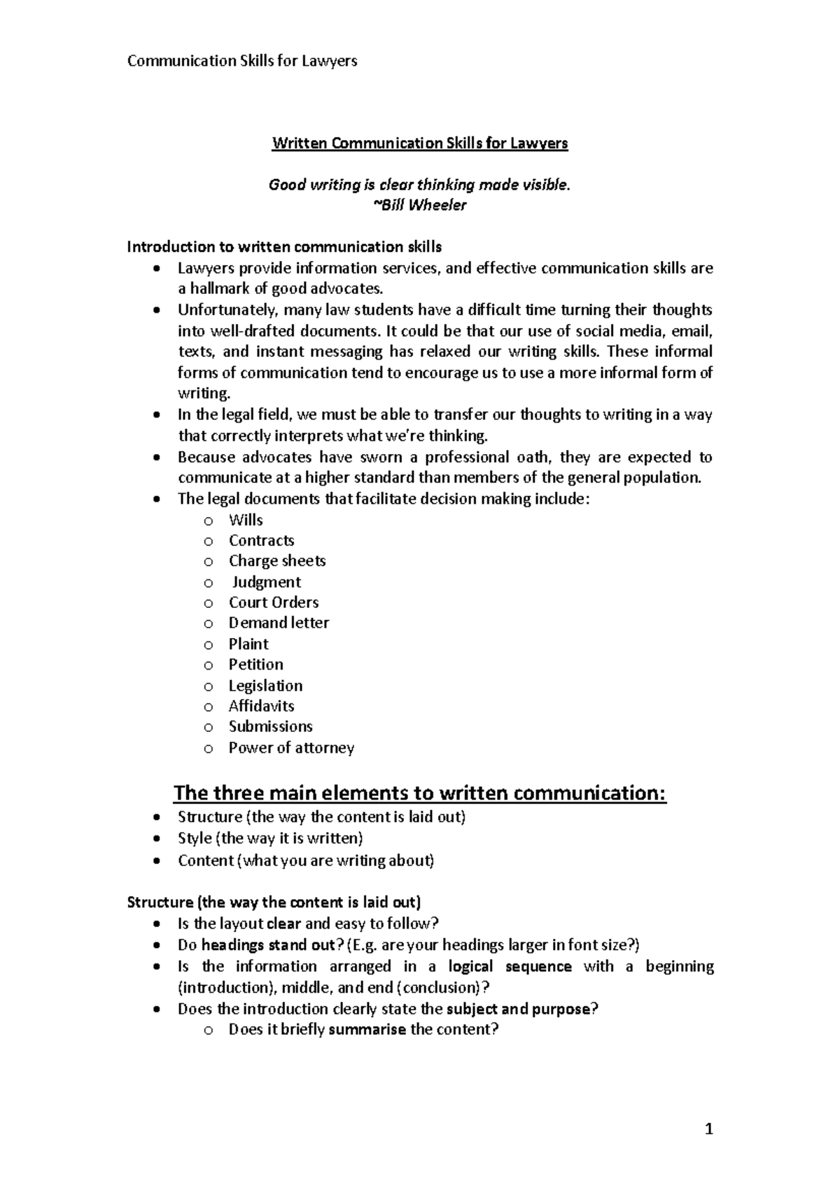 COMM Written - notes - Written Communication Skills for Lawyers Good ...