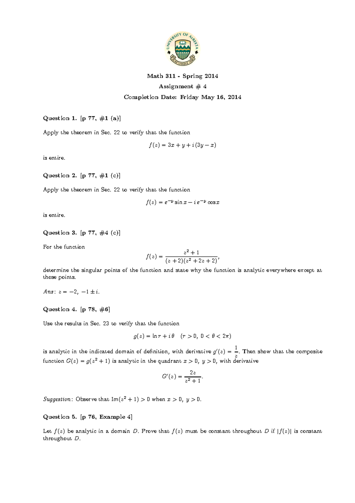 Assign 4 - Math 311 - Spring 2014 Assignment # 4 Completion Date ...