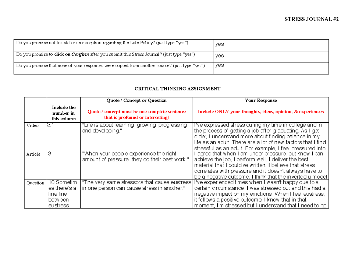 Stress Journal #2 - STRESS JOURNAL #2 Do you promise not to ask for an ...