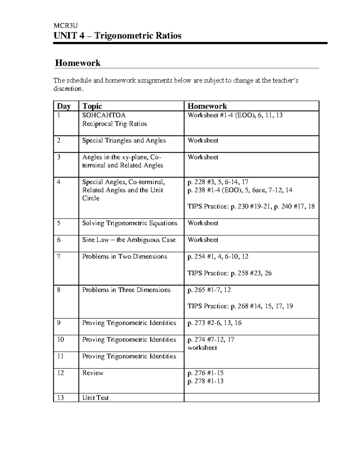 Unit 4 Trig Ratios - MCR3U UNIT 4 – Trigonometric Ratios Homework The schedule and homework ...