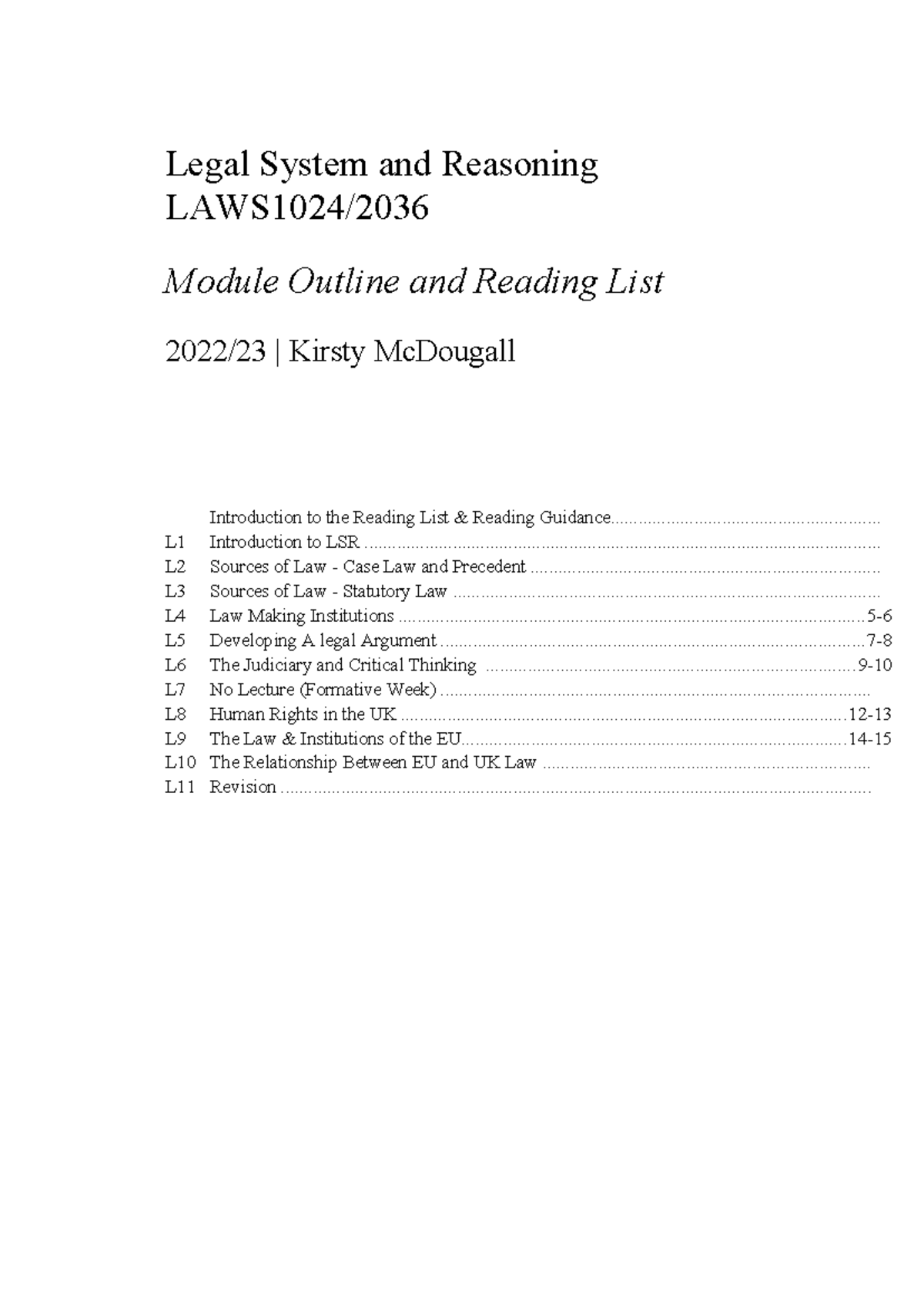 Module Outline and Reading List LSR - Legal System and Reasoning ...