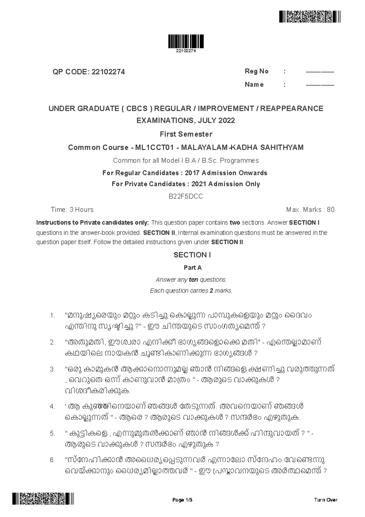 Malayalam - QP CODE: 22102274 Reg No : ..................... Name : ..................... UNDER ...