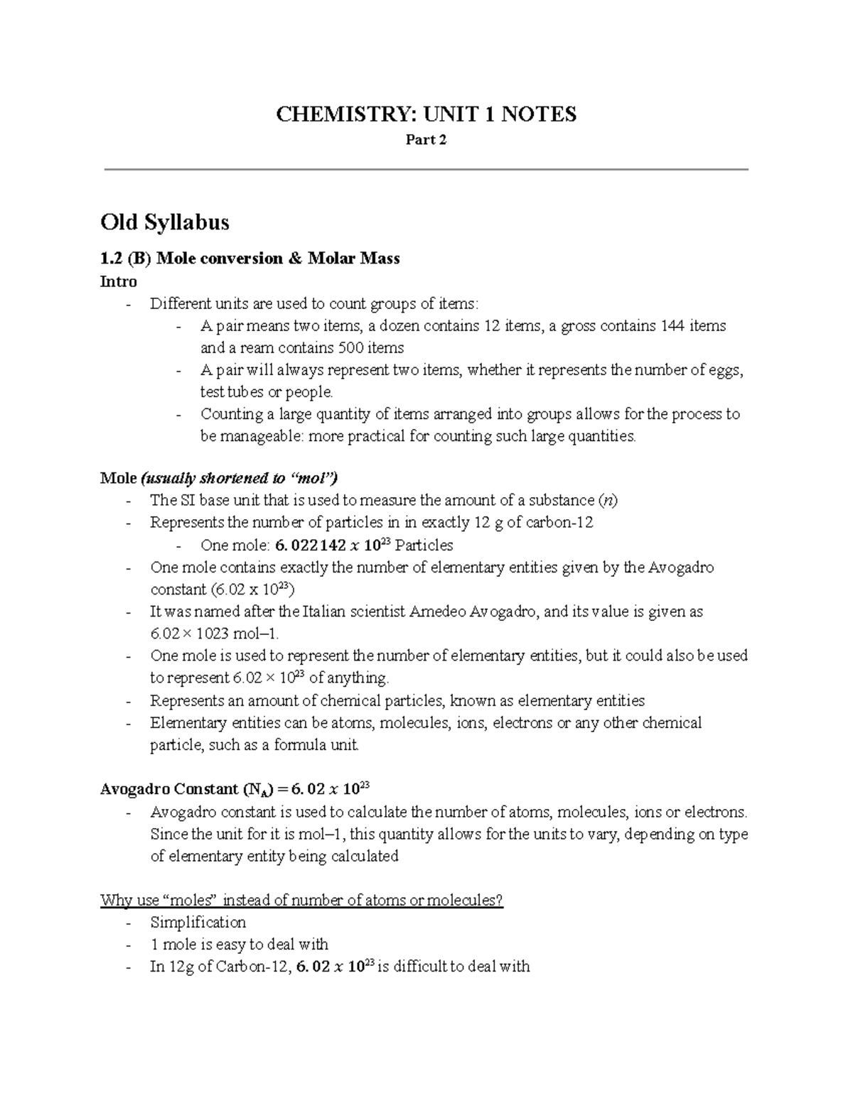Pt 2. UNIT 1 Chemistry Notes - CHEMISTRY: UNIT 1 NOTES Part 2 Old ...