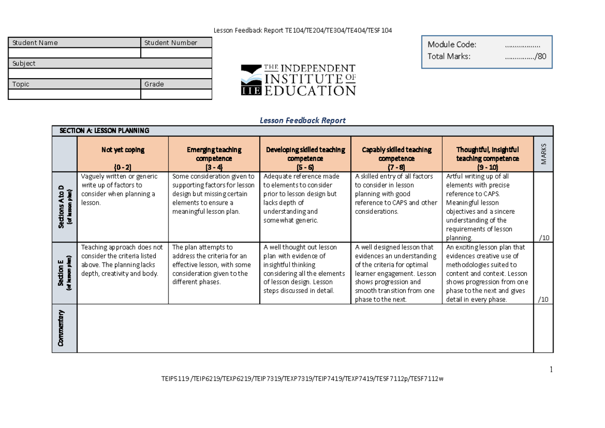 TEXP7319 TE304 Lesson Feedback Report - 1 Lesson Feedback Report ...