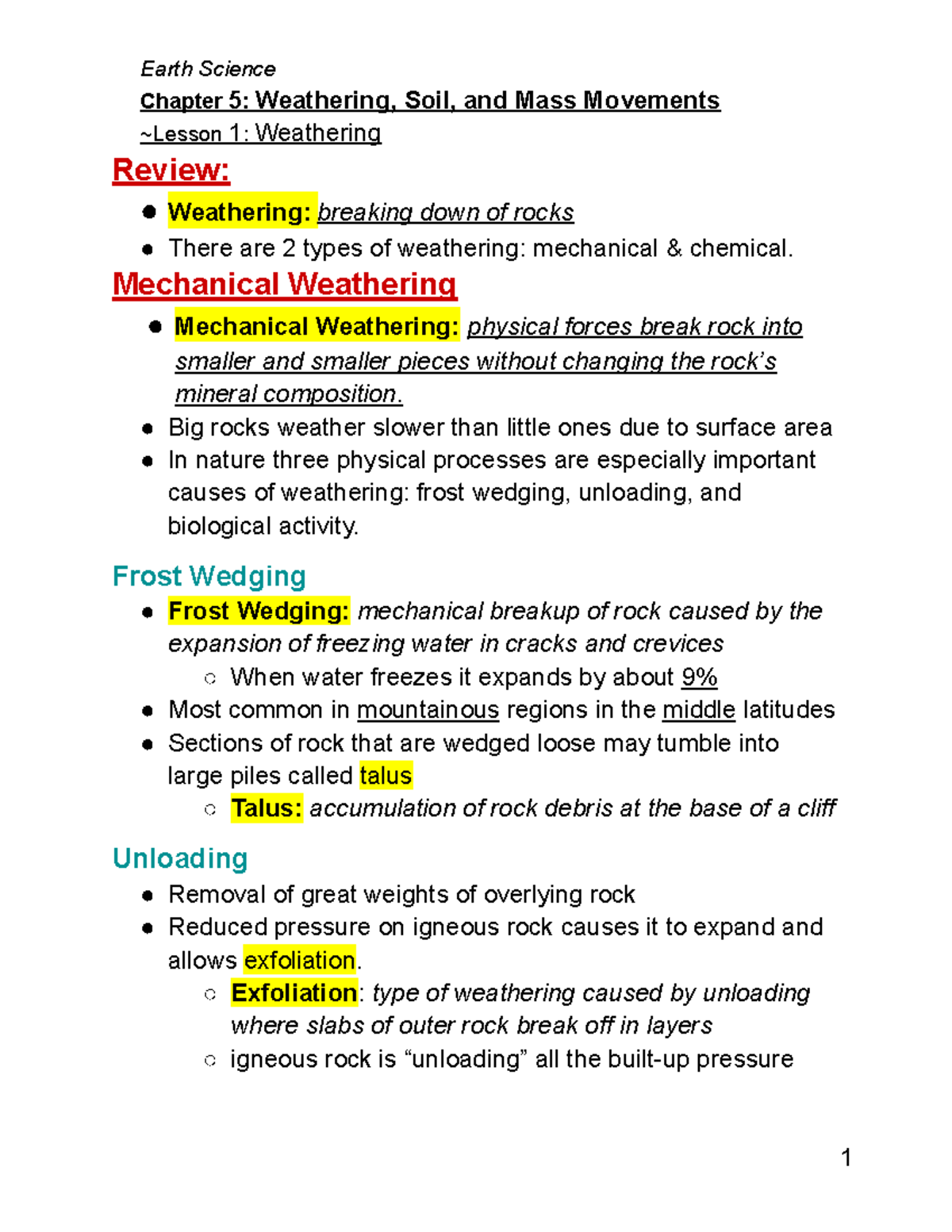 E.S. 5.1 Bullet Point Notes - Earth Science Chapter 5 : Weathering ...
