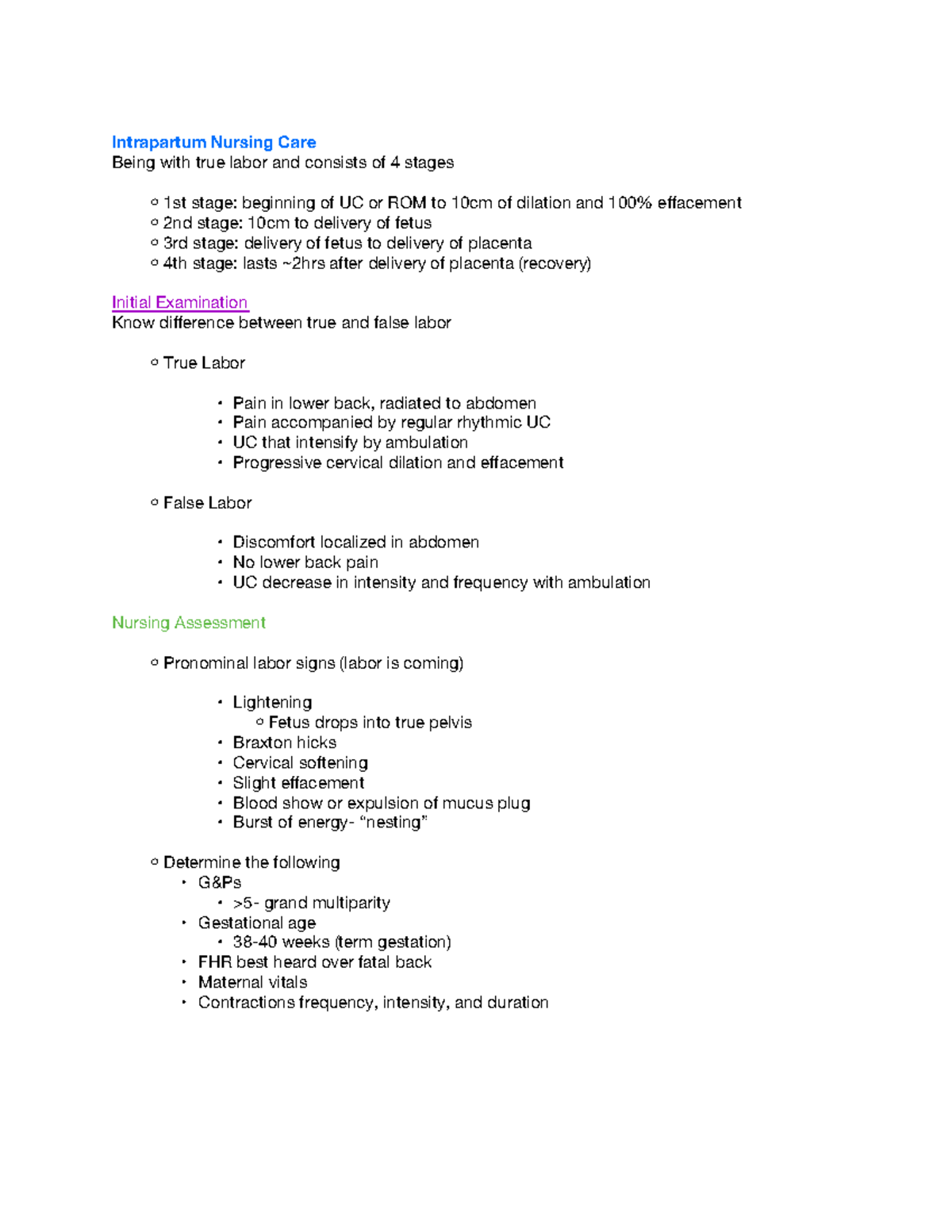 OB Study Guide- part 3 Intrapartum - Intrapartum Nursing Care Being ...