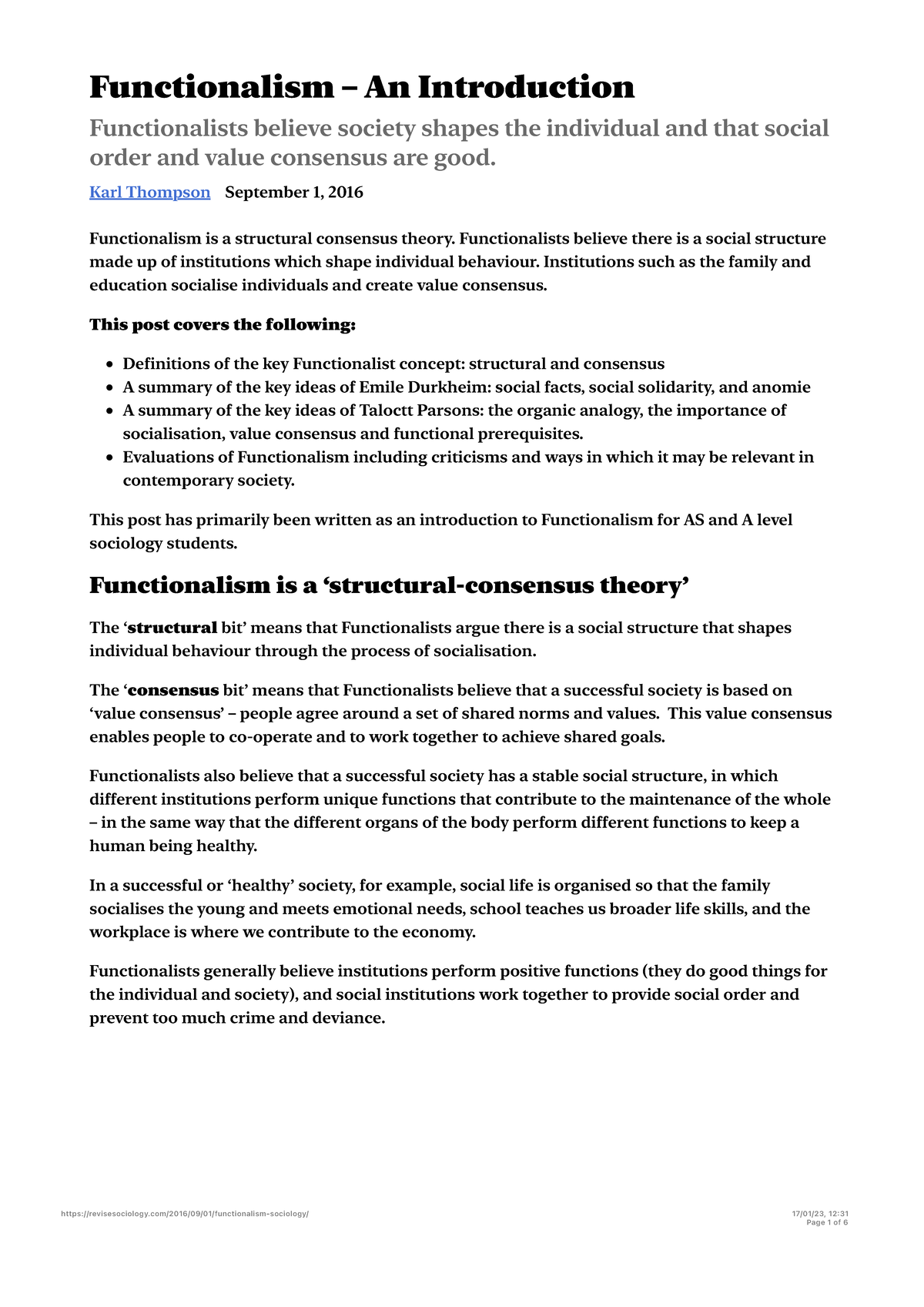 Functionalism - Karl Thompson September 1, 2016 Functionalism is a ...