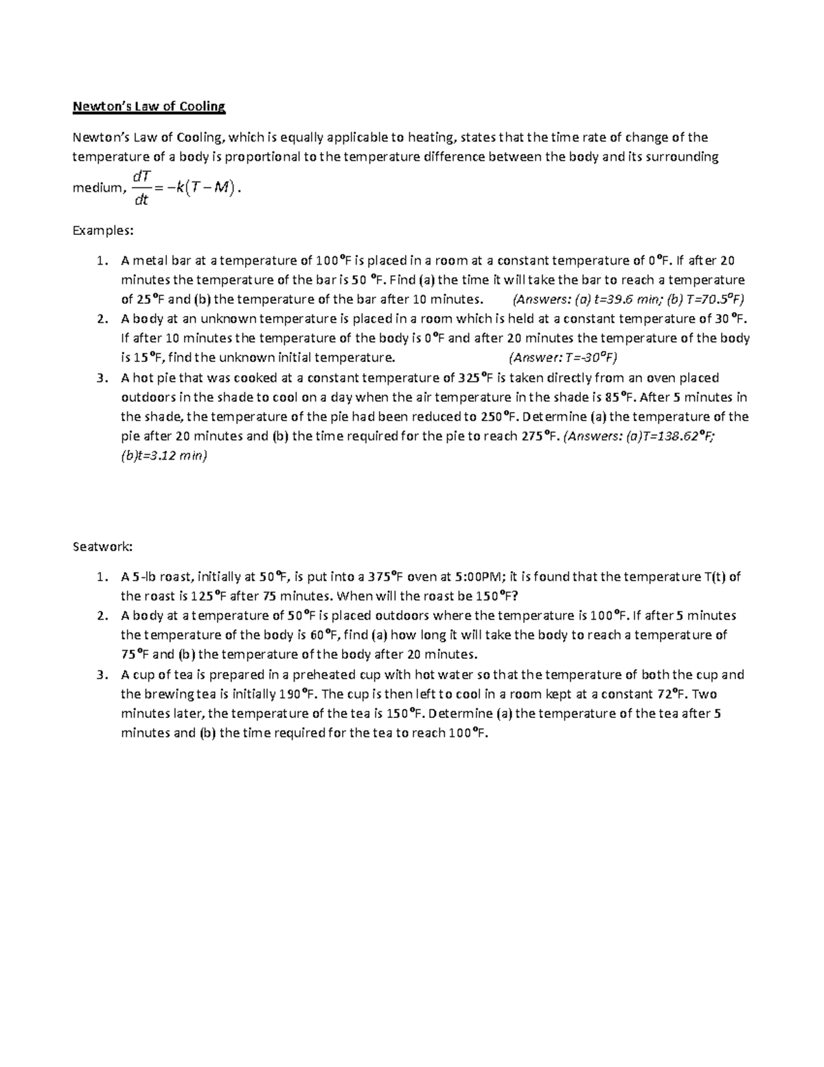 Newtons Law of Cooling - Growth and Decay - Newton’s Law of Cooling ...