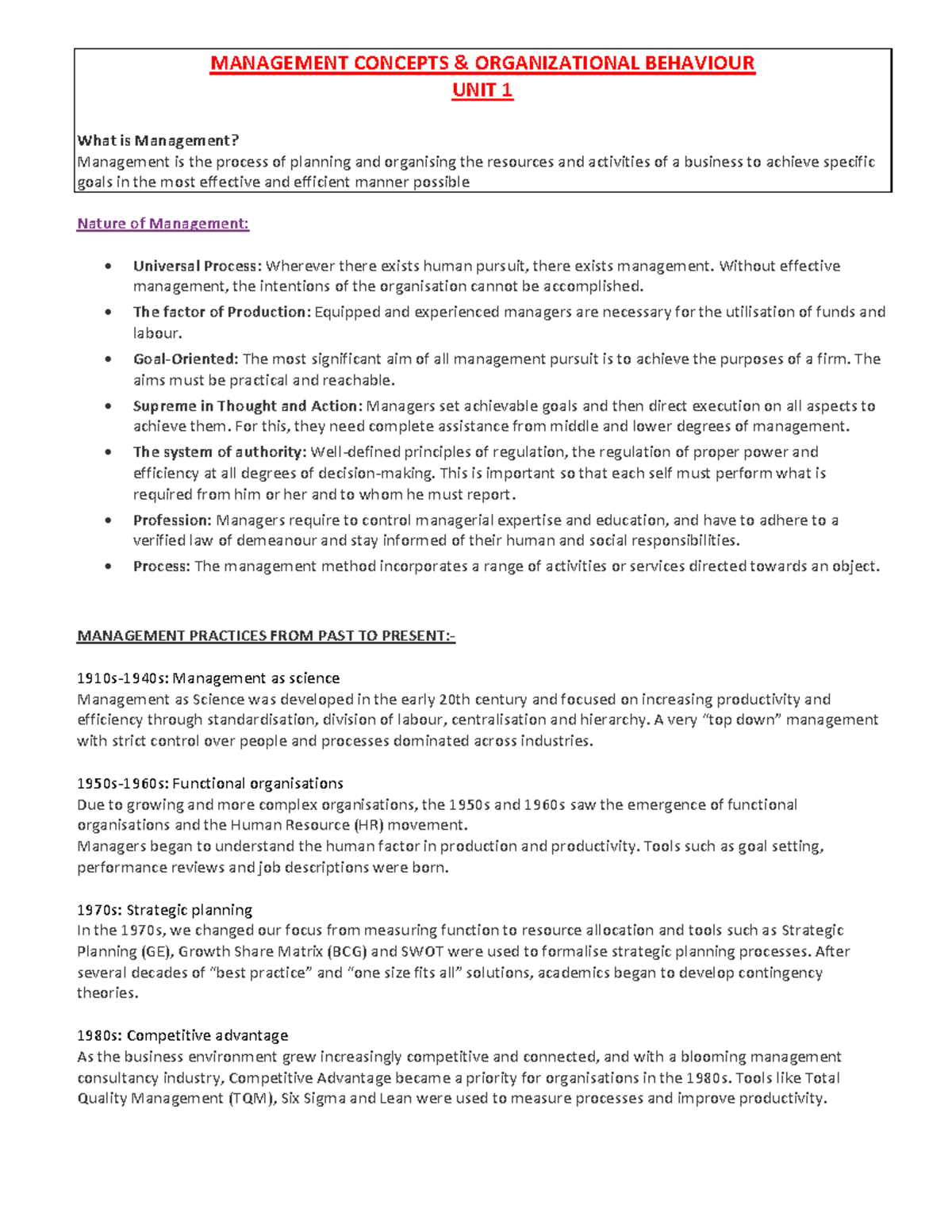 Unit 1 (MCOB) - unit 1 notes for MCOB of 1st year MBA AKTU - MANAGEMENT ...