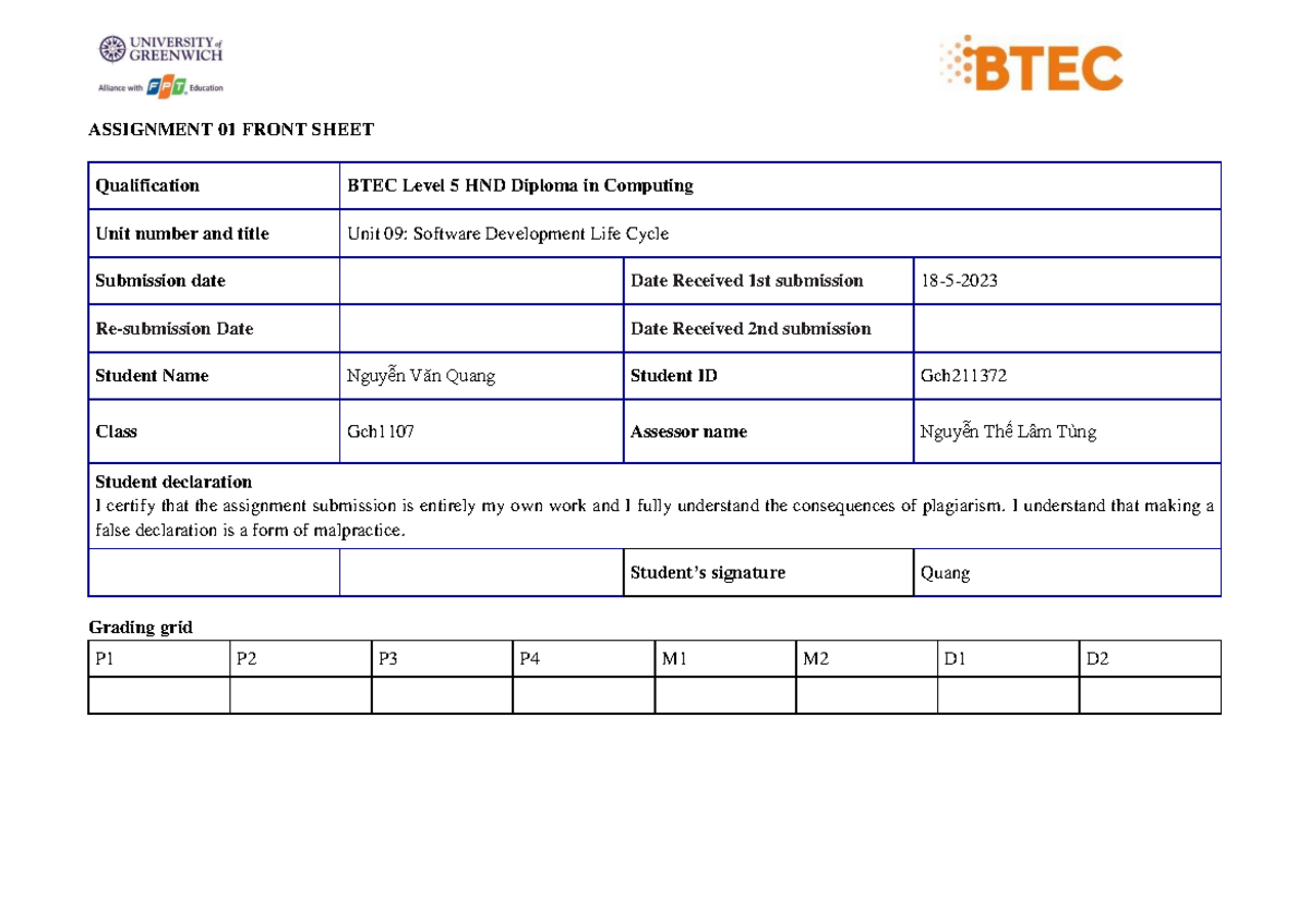 Assignment 1 1631 - ASSIGNMENT 01 FRONT SHEET Qualification BTEC Level 5 HND Diploma in ...