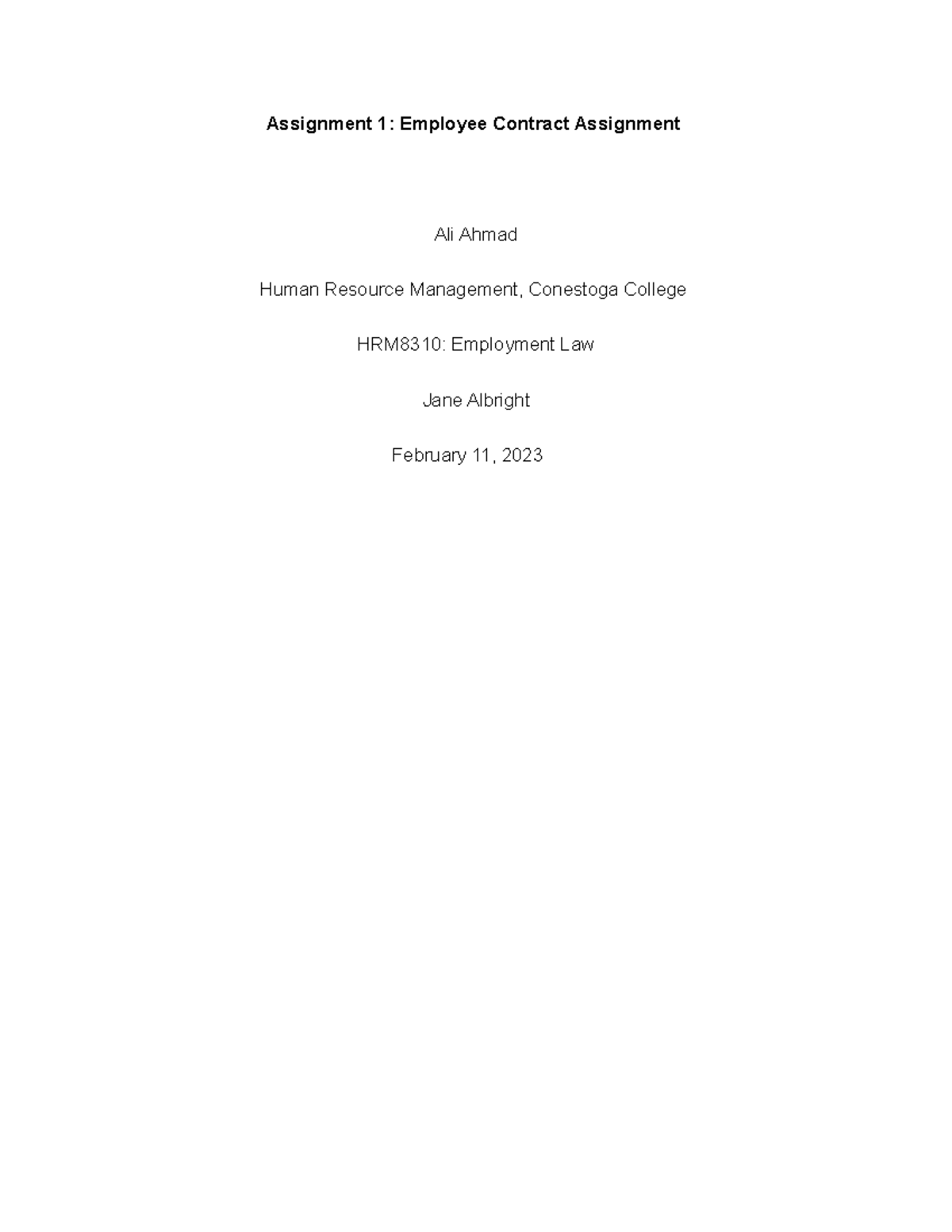 HRM8310 - Assignment 1 - Employment Contract - Assignment 1: Employee ...