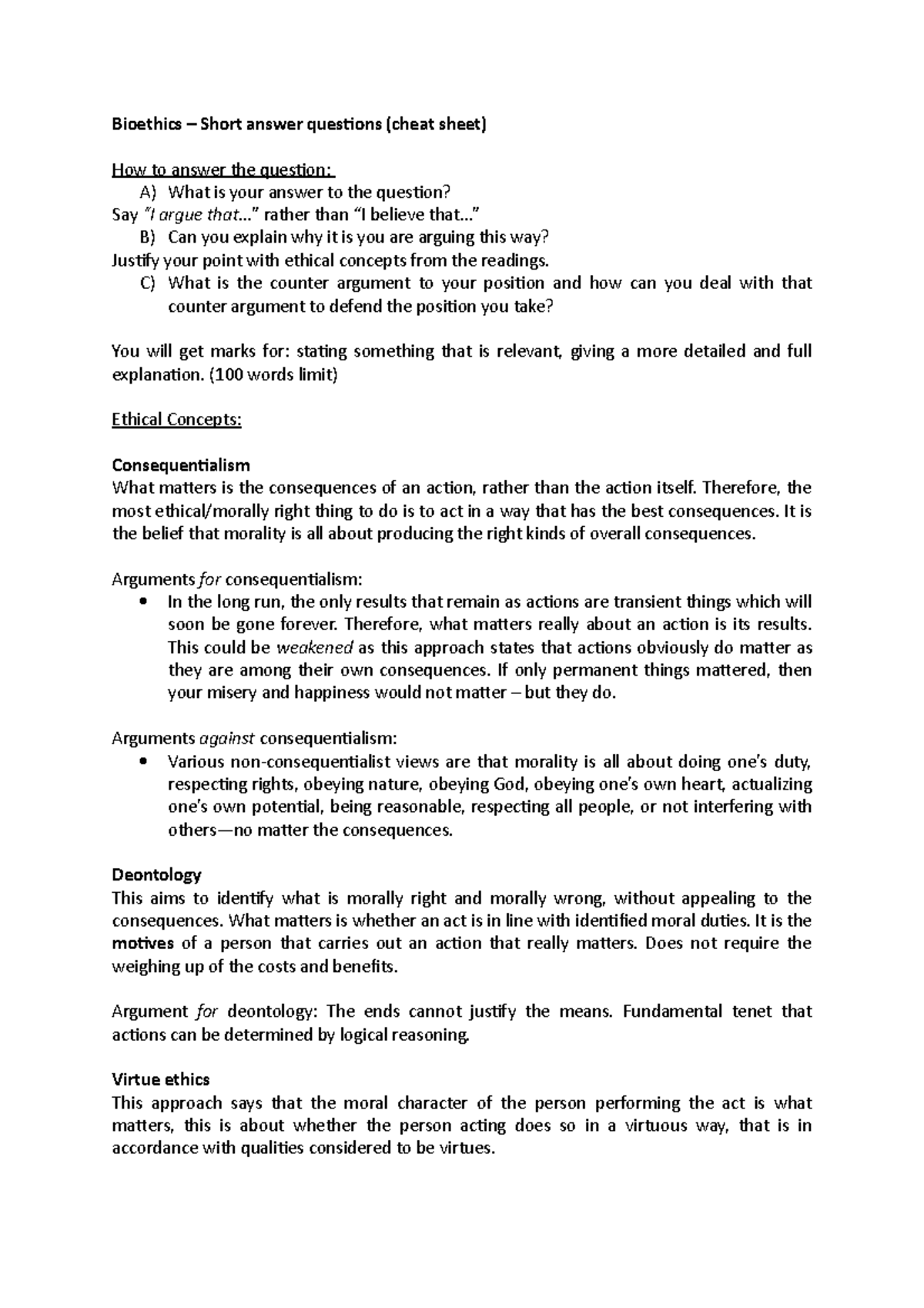 Bioethics cheat sheet - Short Ans Qs - Bioethics – Short answer ...