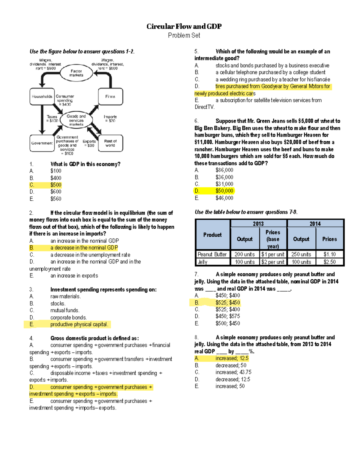 Ans key AP GDP problem set - Circular Flow and GDP Problem Set Use the ...