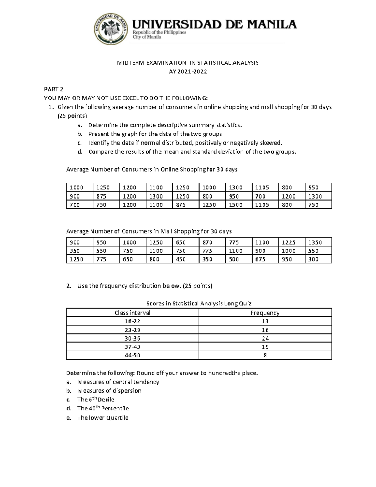 Midterm Exam 2021 In Statistical Analysis Part 2 Midterm Examination In Statistical Analysis