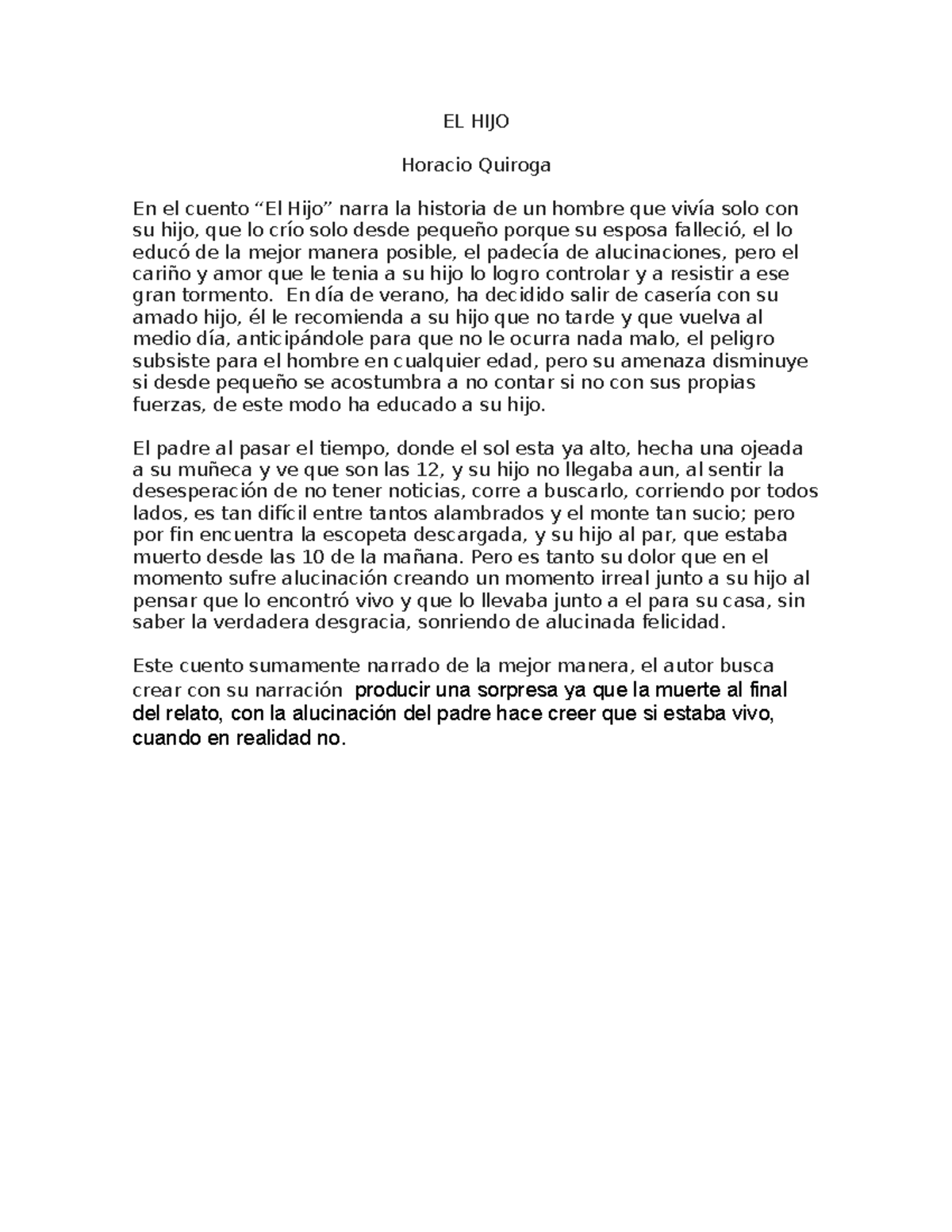 EL HIJO - INFORMACION - EL HIJO Horacio Quiroga En el cuento “El Hijo ...