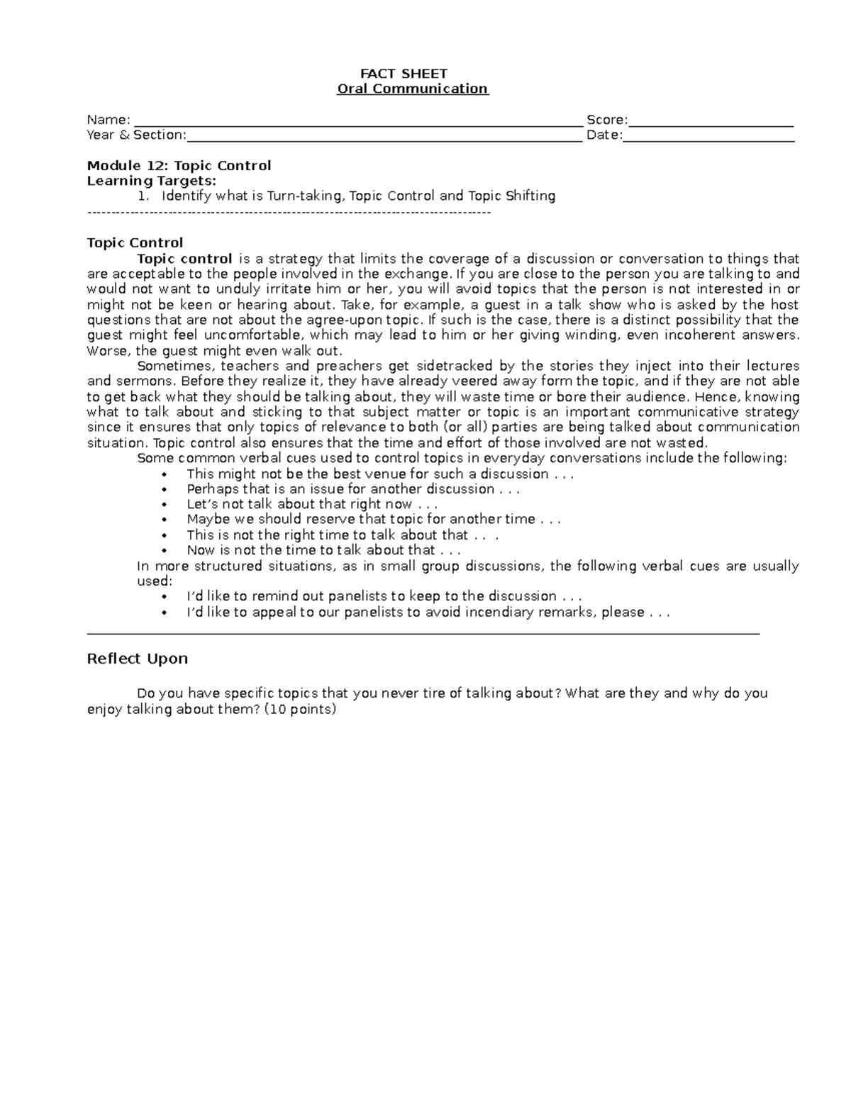 Fact sheet - Topic Control - FACT SHEET Oral Communication Name: - Studocu