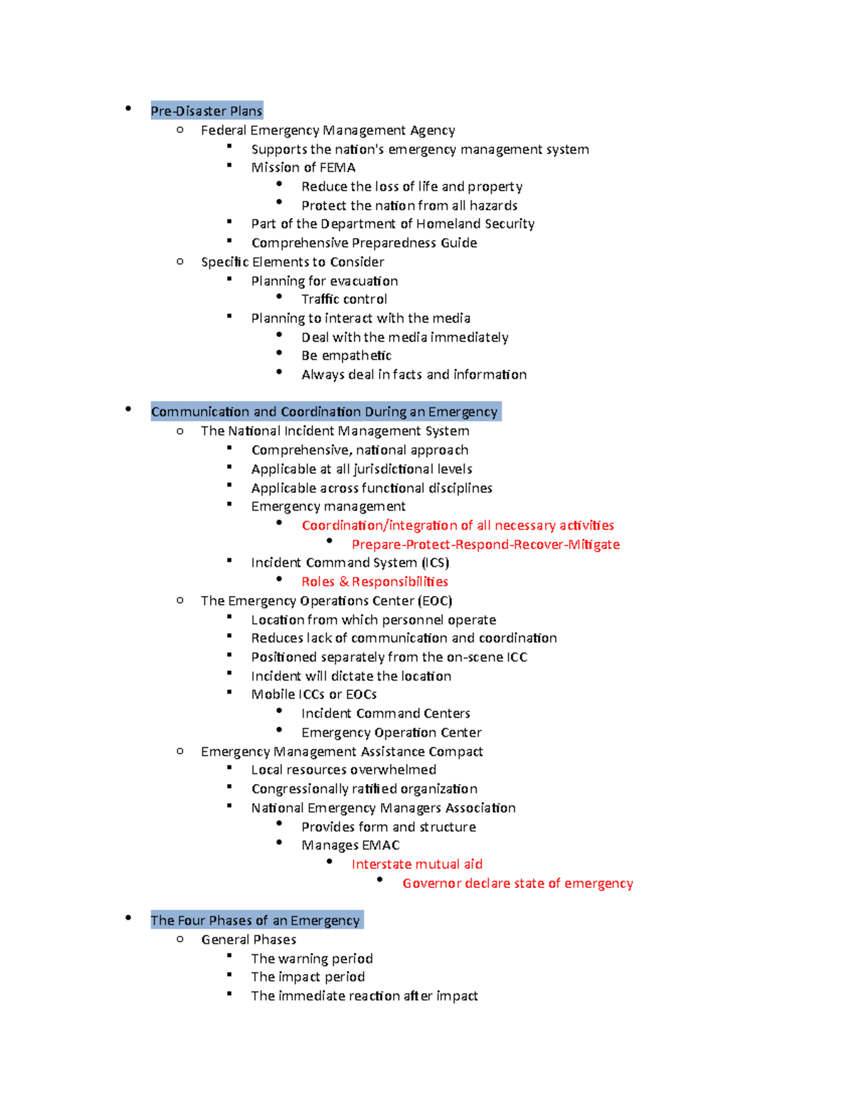 Ch. 8 Notes - Pre-Disaster Plans o Federal Emergency Management Agency ...