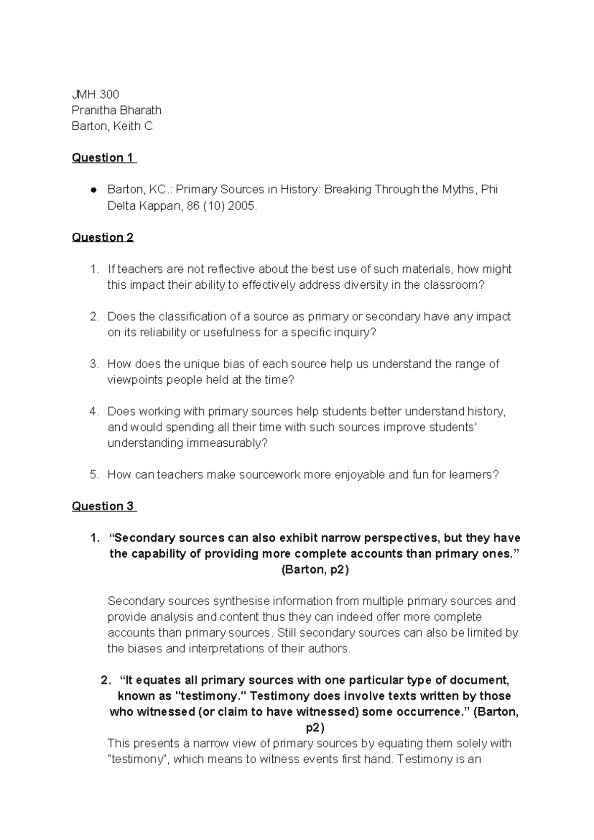 Barton reading rapport - JMH 300 Pranitha Bharath Barton, Keith C ...
