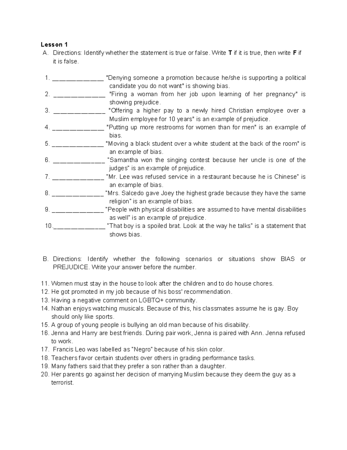 Remedial Worksheet Lesson 1 and 2 - Lesson 1 A. Directions: Identify ...