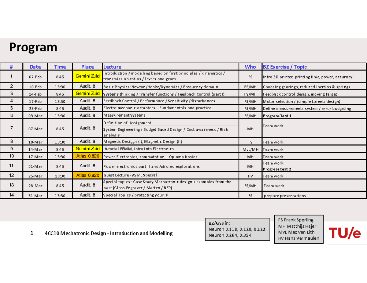 4CC10 lecture schedule 2023 - Program 1 4CC10 Mechatronic Design ...