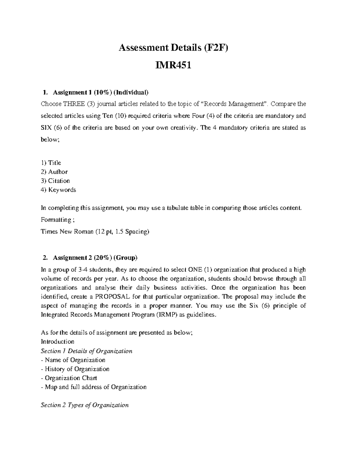 Assessment Details (F2F) IMR451 - Assessment Details (F2F) IMR ...