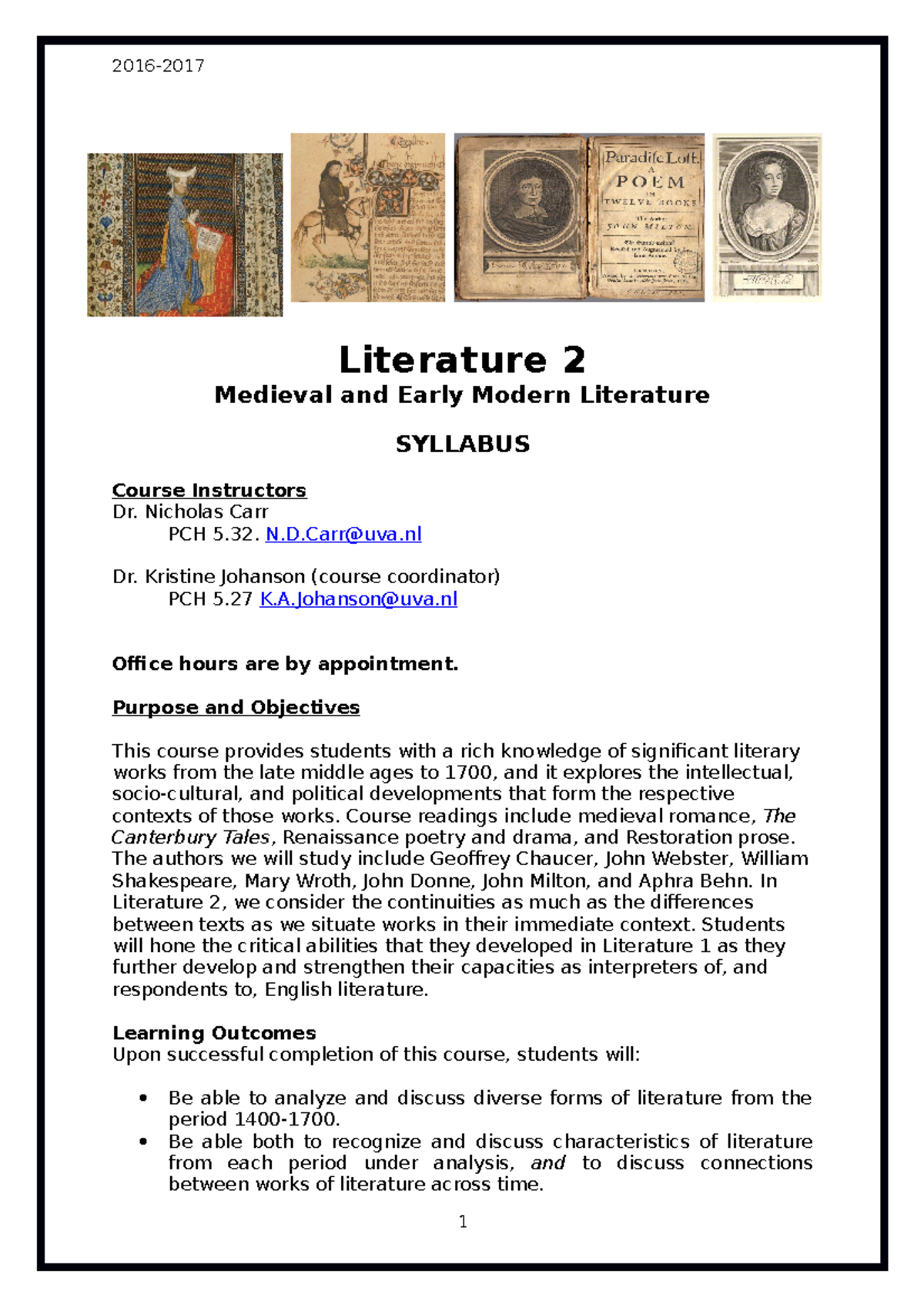 Literature 2 Syllabus Final - Literature 2 Medieval and Early Modern ...