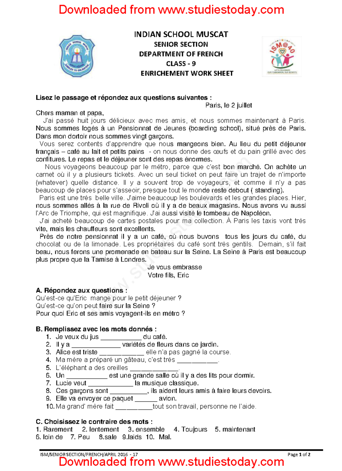 CBSE Class 9 French Enrichment Worksheet - ISM/SENIOR SECTION/FRENCH ...