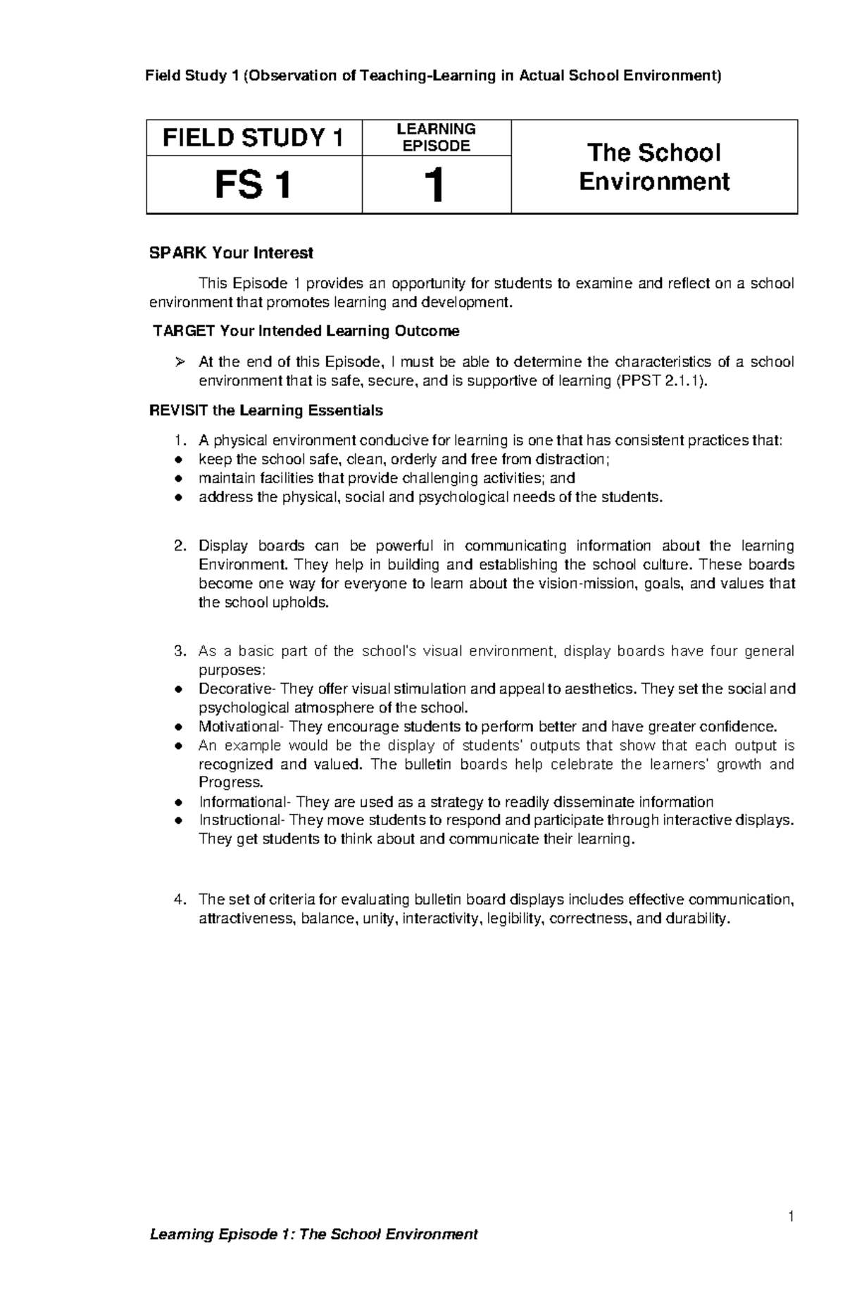 EP1 FS1 The-School-Environment-091823 - 1 FIELD STUDY 1 LEARNING EPISODE The School FS 1 ...