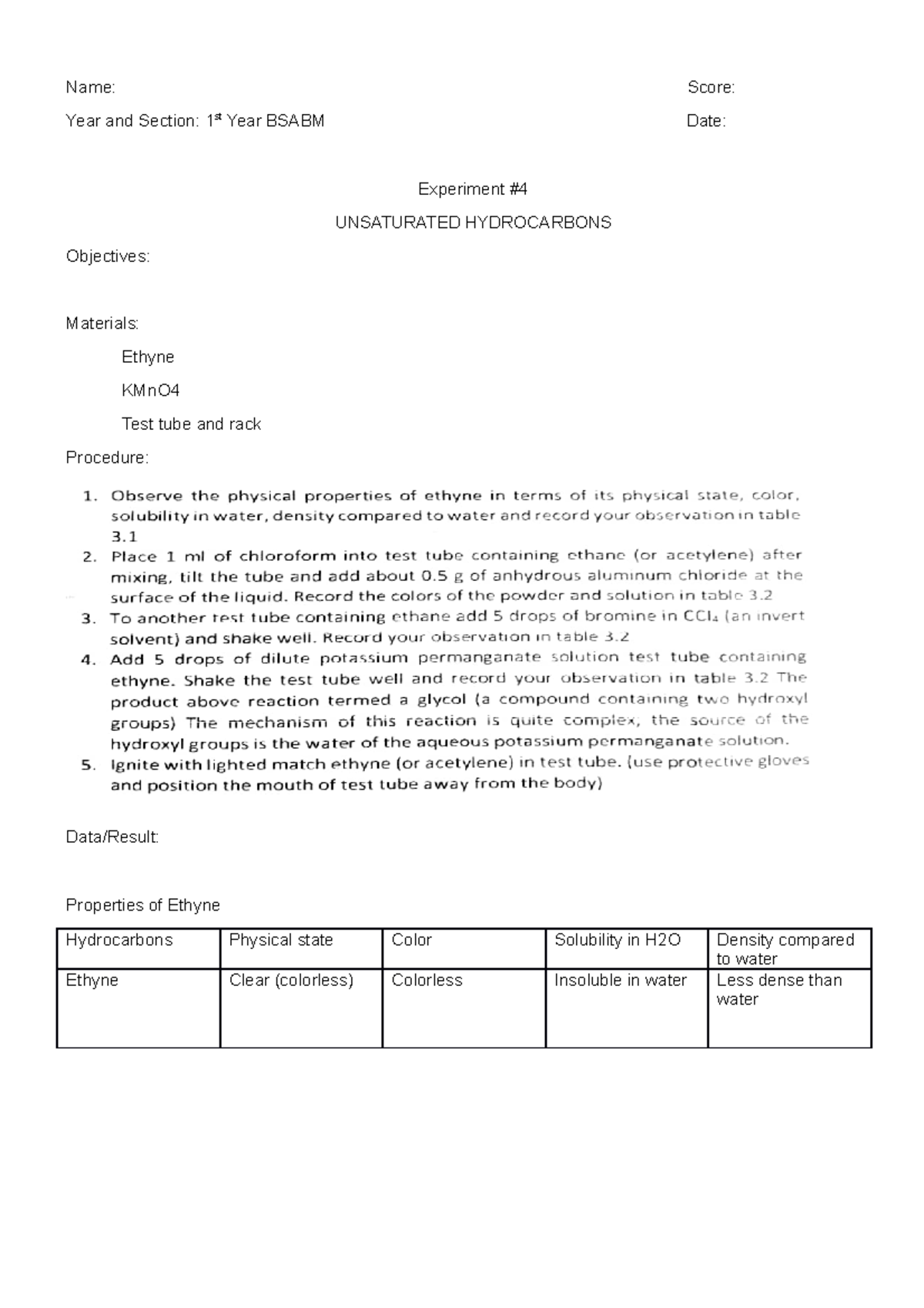 Unsaturated chem - Lab report - Name: Score: Year and Section: 1st Year ...