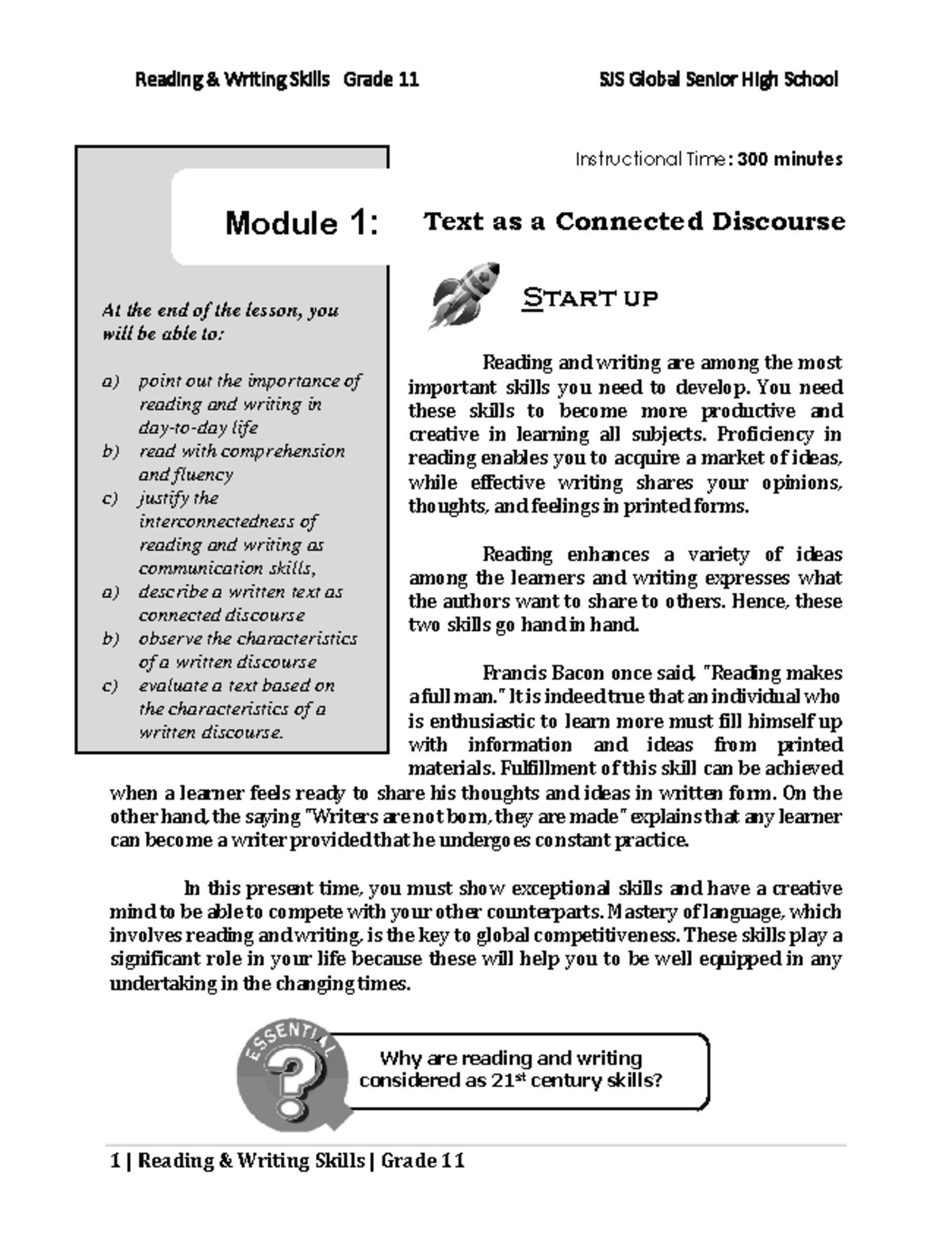 RWS Grade 11 Module 1 Roa - Instructional Time: 300 minutes Reading and ...