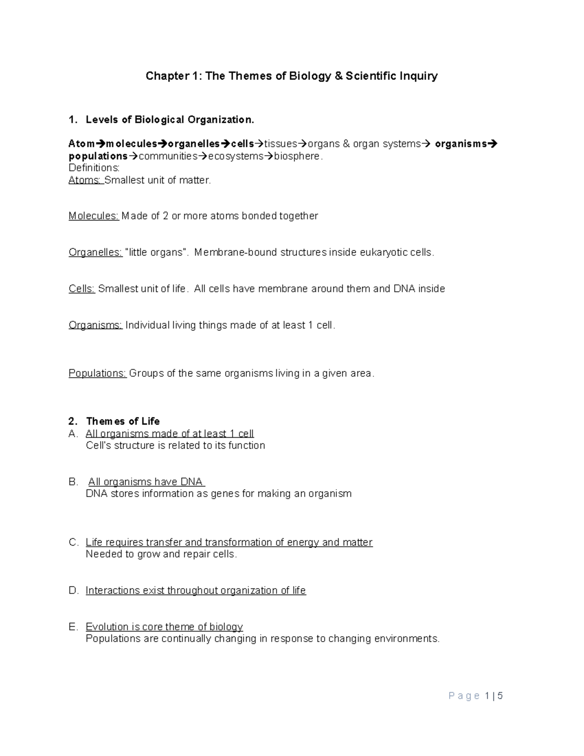 1 Ch 1 Notes & HW - summer 2016 - Chapter 1: The Themes of Biology ...