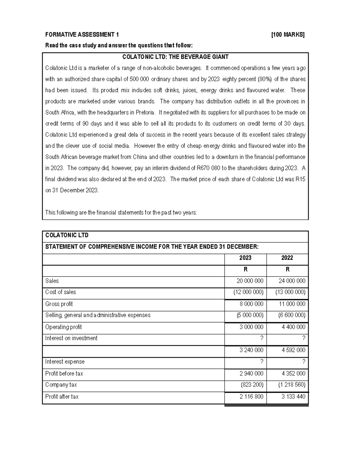 Accounting Case Study 1 - FORMATIVE ASSESSMENT 1 [100 MARKS] Read the ...