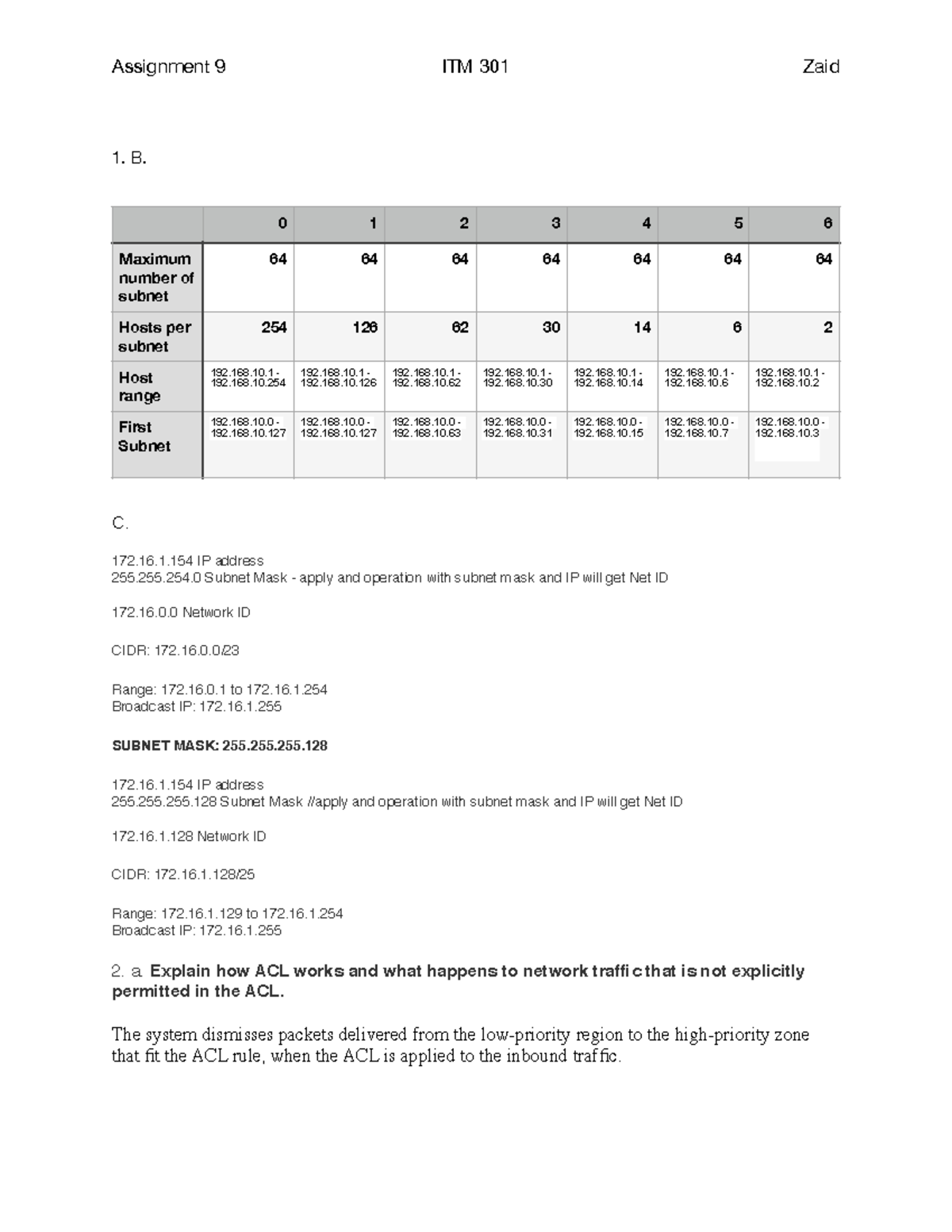 Assignment 9 - ITM301 - 1. B. C. 172.16.1 IP address255.255.254 Subnet Mask - apply and ...