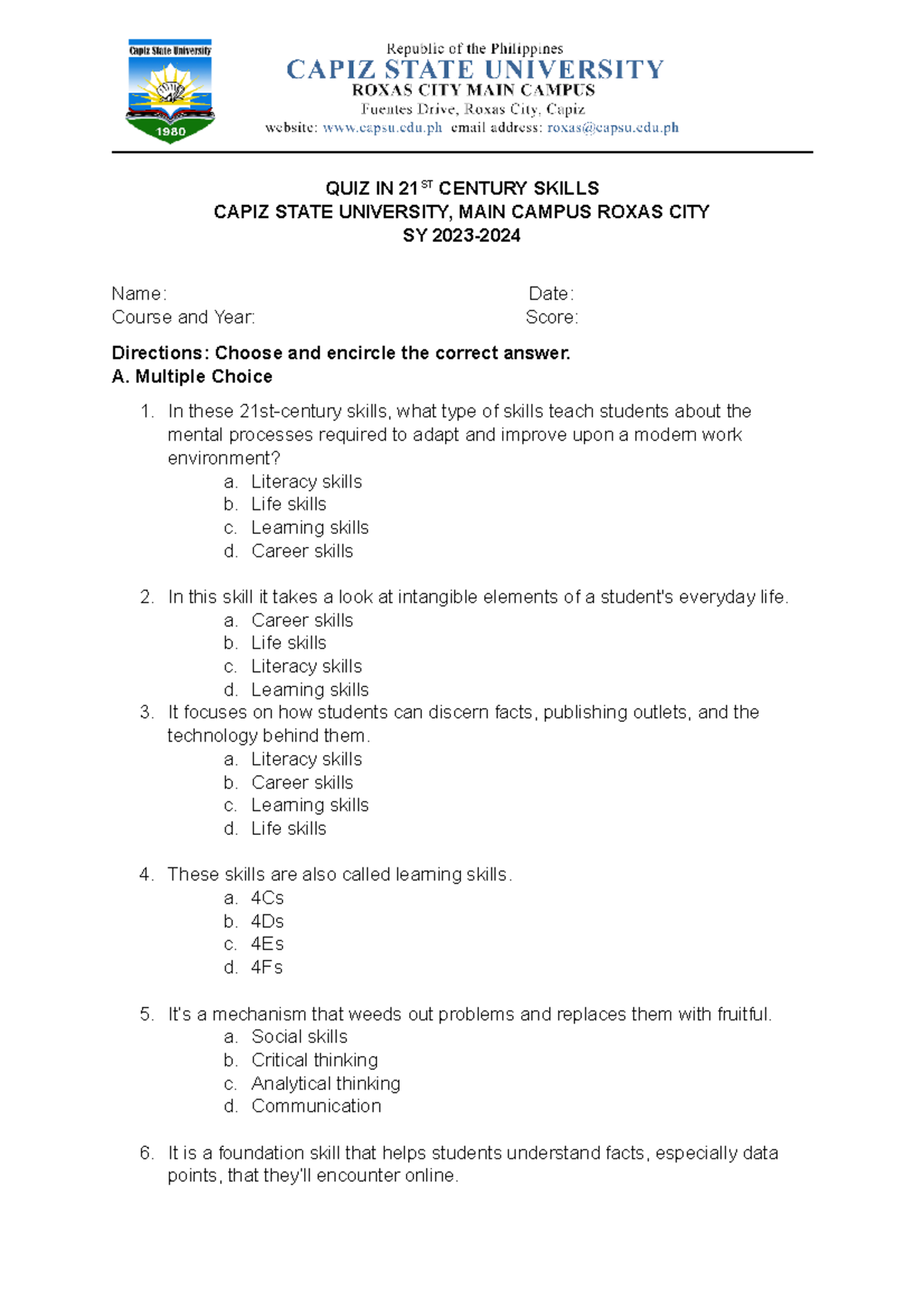 QUIZ IN 21ST Century Skills Palete BSED ENG2B - QUIZ IN 21ST CENTURY ...