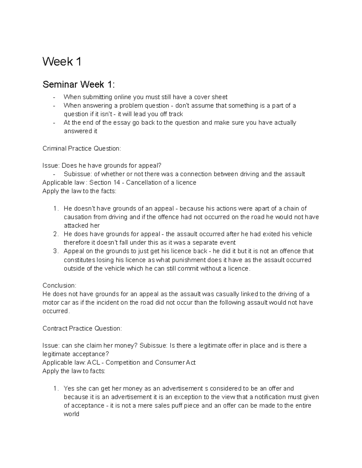 Legal Skills - Summary of lectures, reading and seminar work for the semester - Week 1 Seminar ...