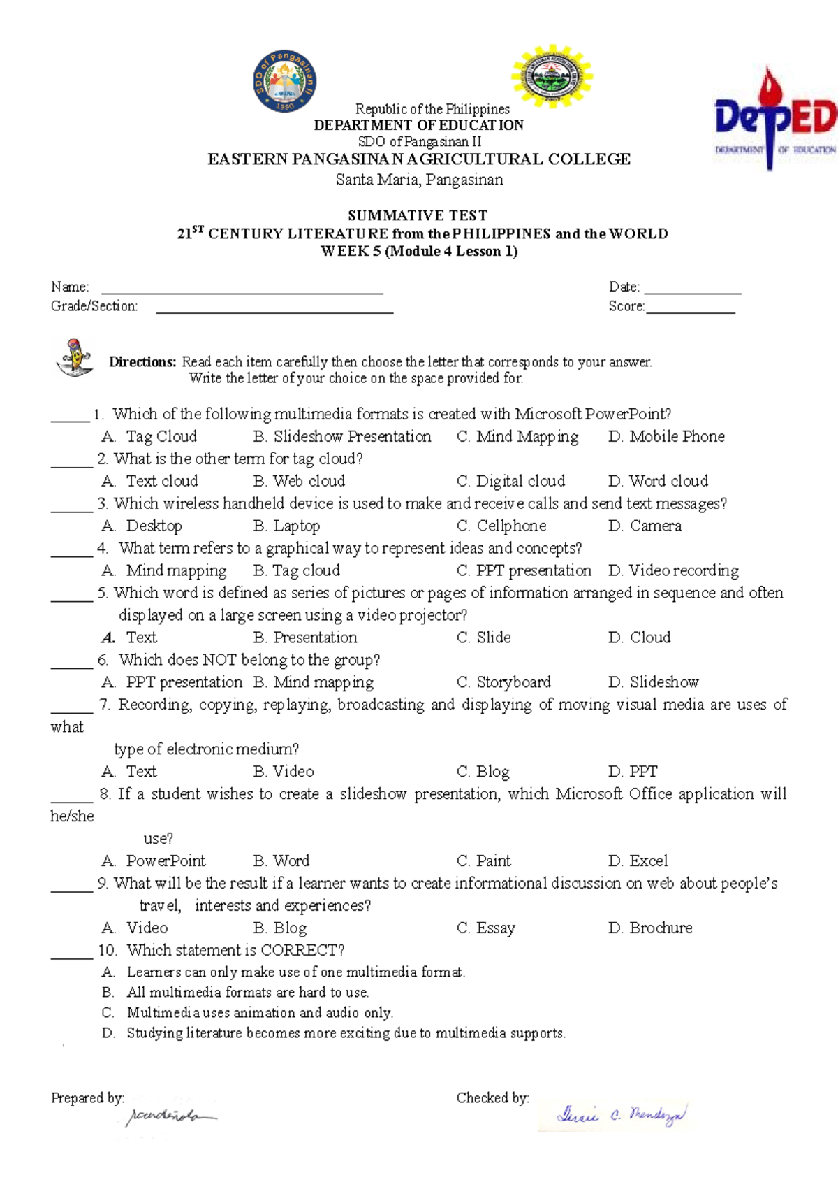 WEEK 5 - quiz - Republic of the Philippines DEPARTMENT OF EDUCATION SDO ...