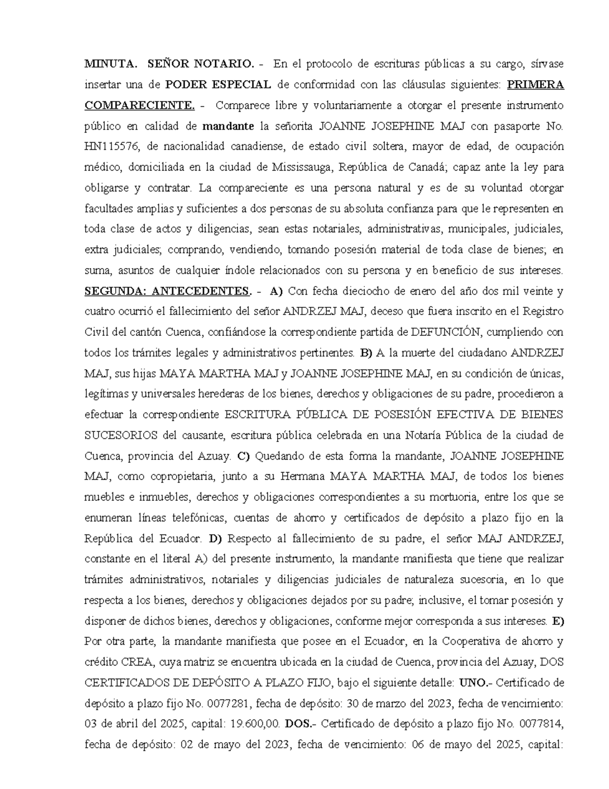 modelo de minuta de poder especial - MINUTA. SEÑOR NOTARIO. - En el ...