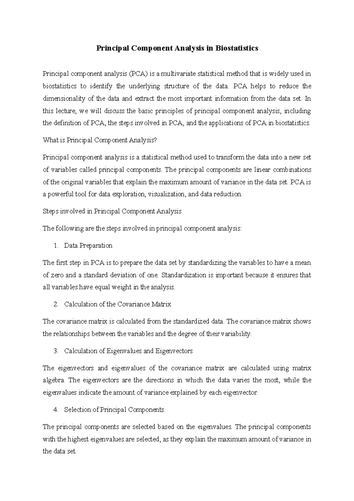 Principal Component Analysis in Biostatistics Biostatistics - Principal ...