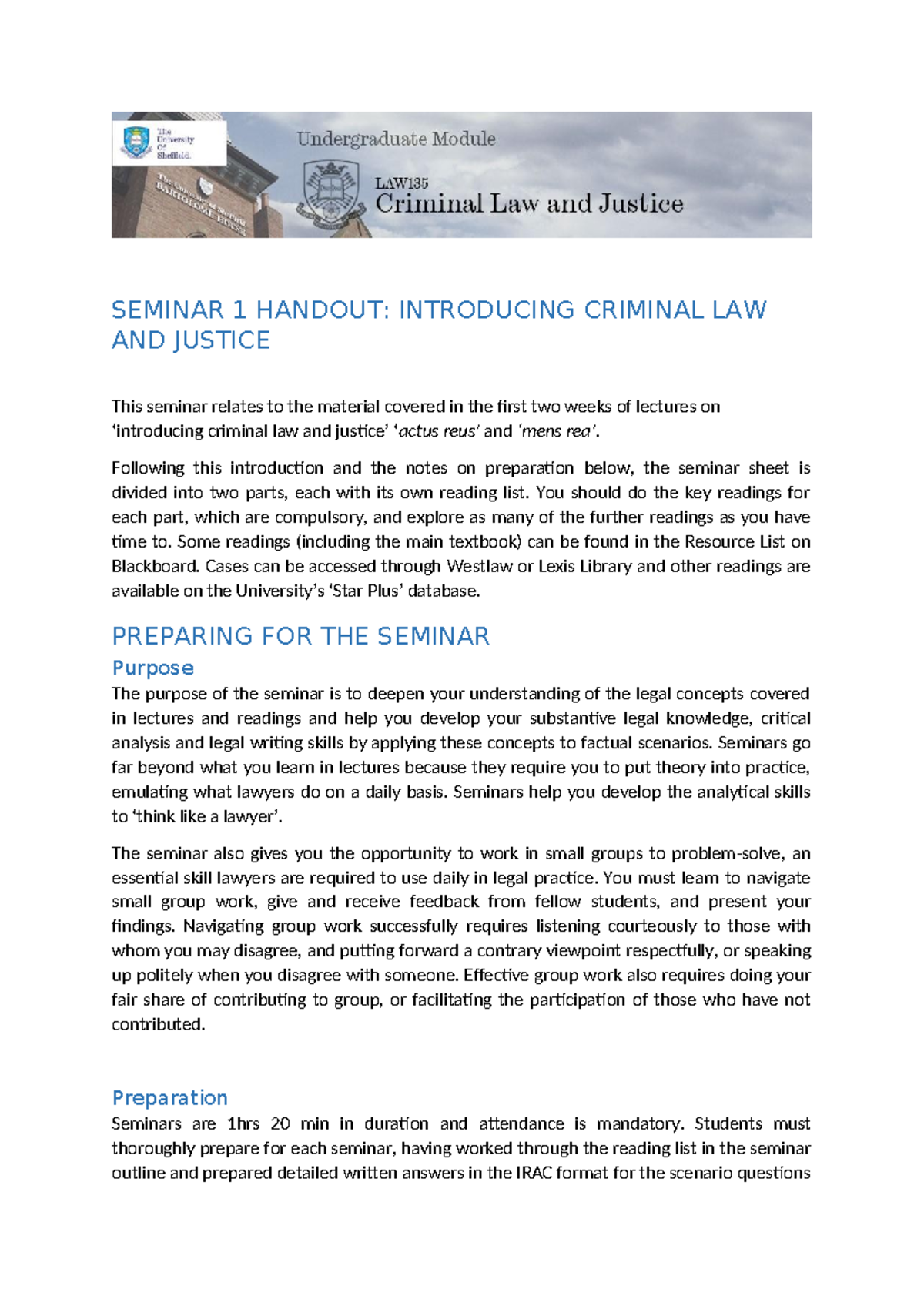 Seminar 1 Worksheet - Introducing Criminal Law and Justice - SEMINAR 1 ...