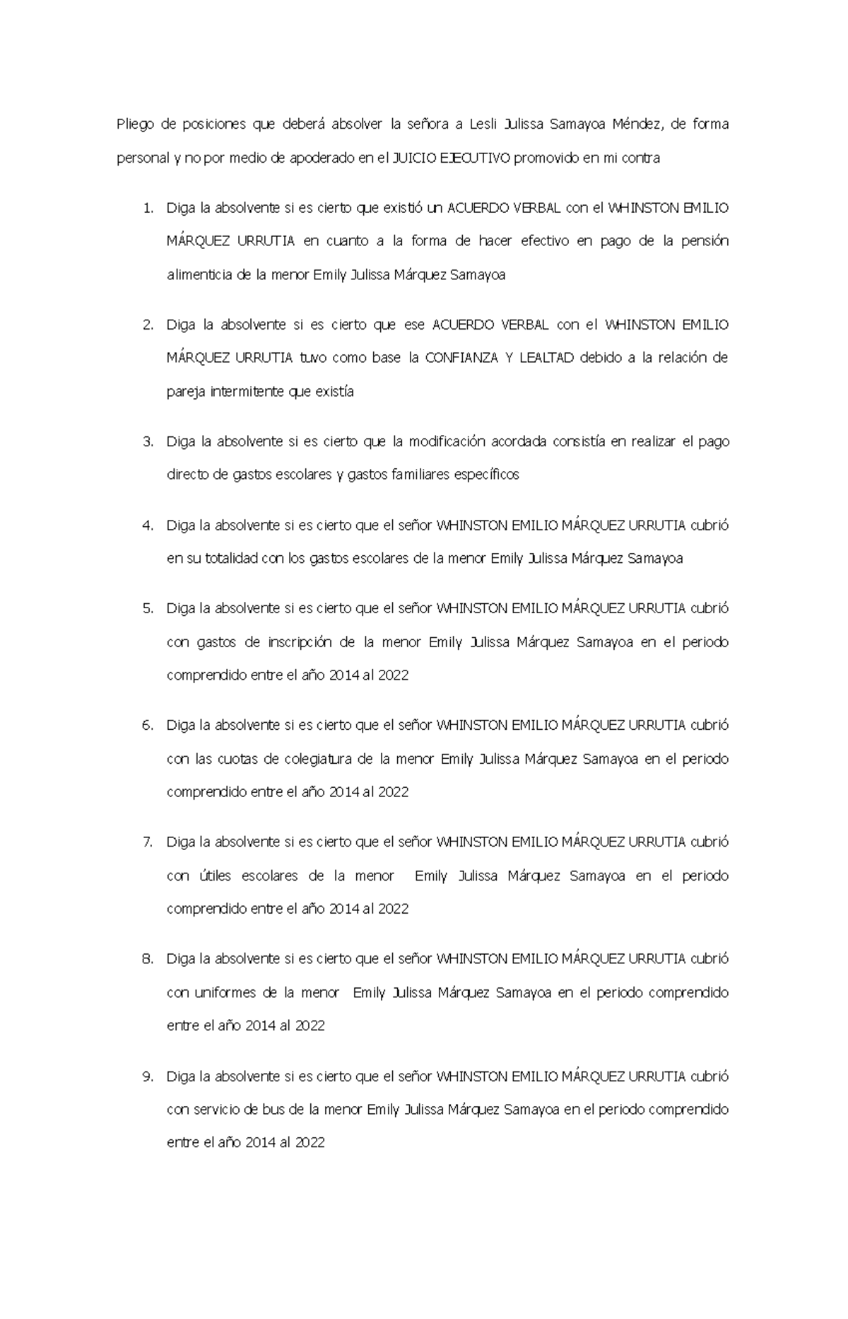 Pliego DE Posiciones Excepcion DE PAGO - Whinston Emilio Marquez ...