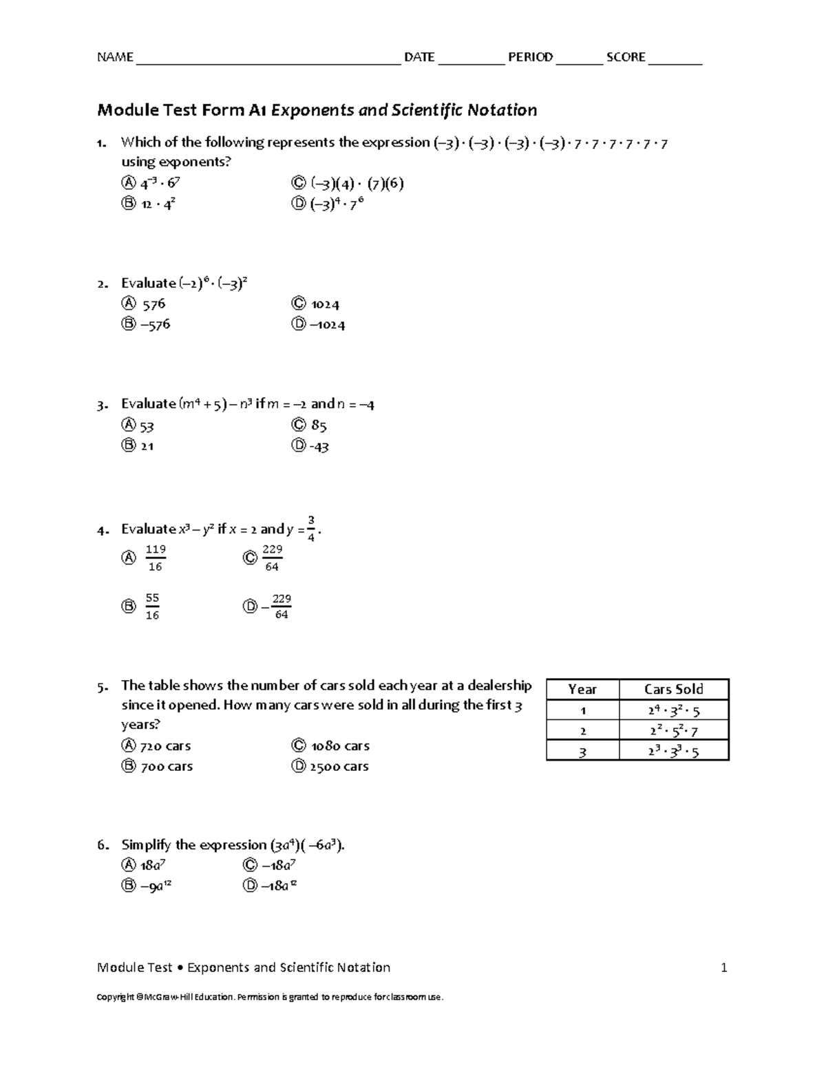 Original - plese - Module Test • Exponents and Scientific Notation 1 ...