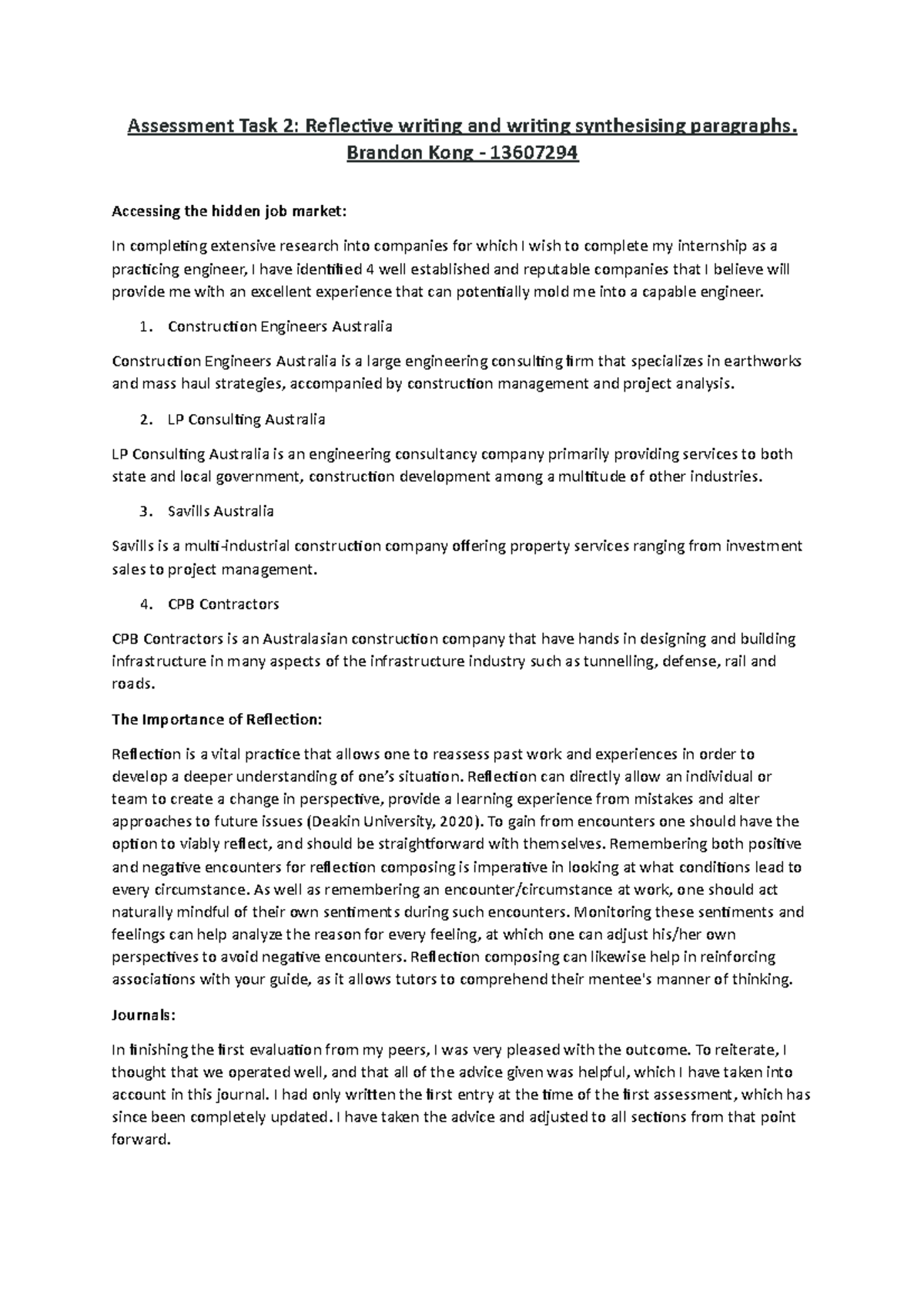 EPP1 Reflection - Assessment Task 2 : Reflective writing and writing ...