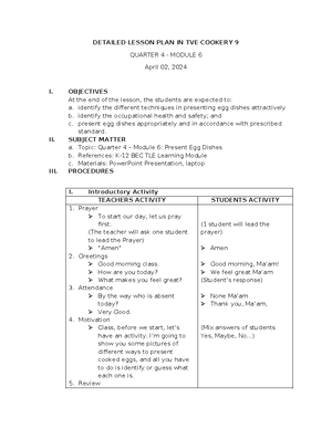 Detailed lesson plan TVE COOKERY 9 4TH QUARTER MODULE 3 - DETAILED ...
