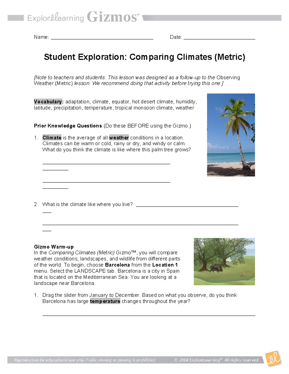 Topic 8- Comparing Climates Procedure - Name: Date: Student Exploration ...
