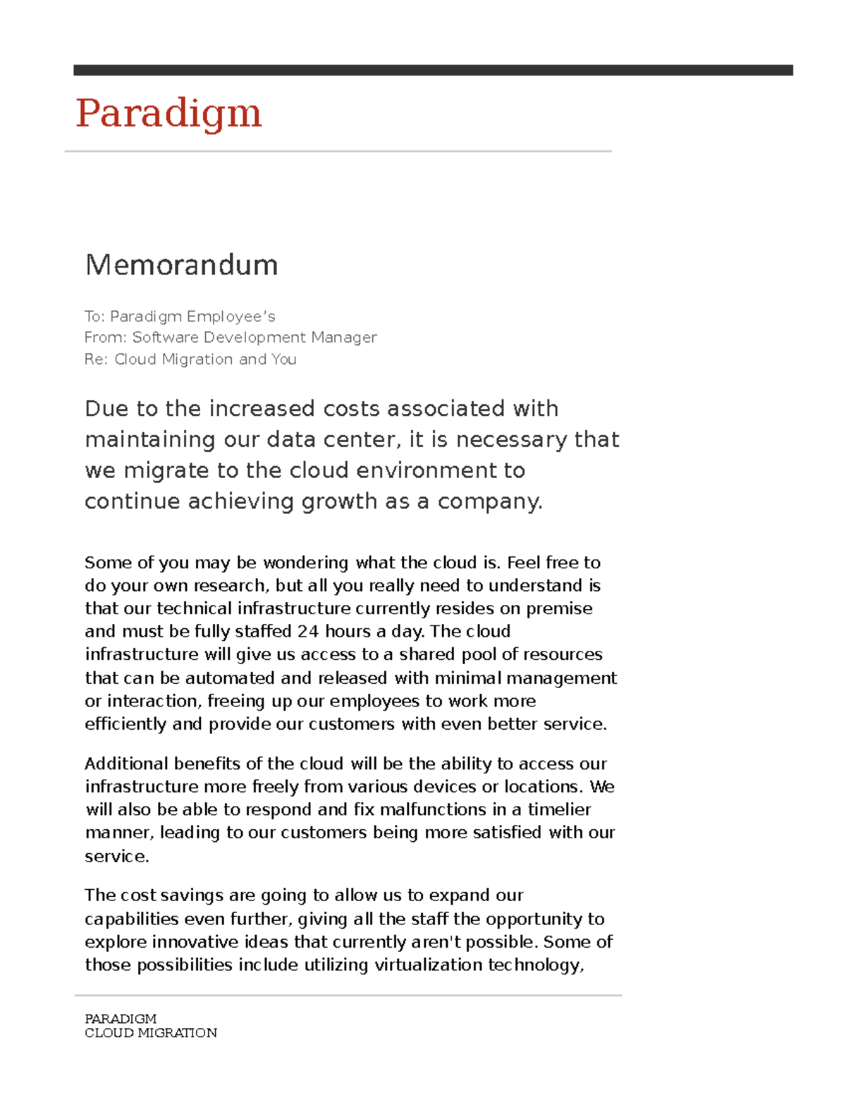 Employee Deliverable-Memo C948 - Paradigm Memorandum To: Paradigm ...