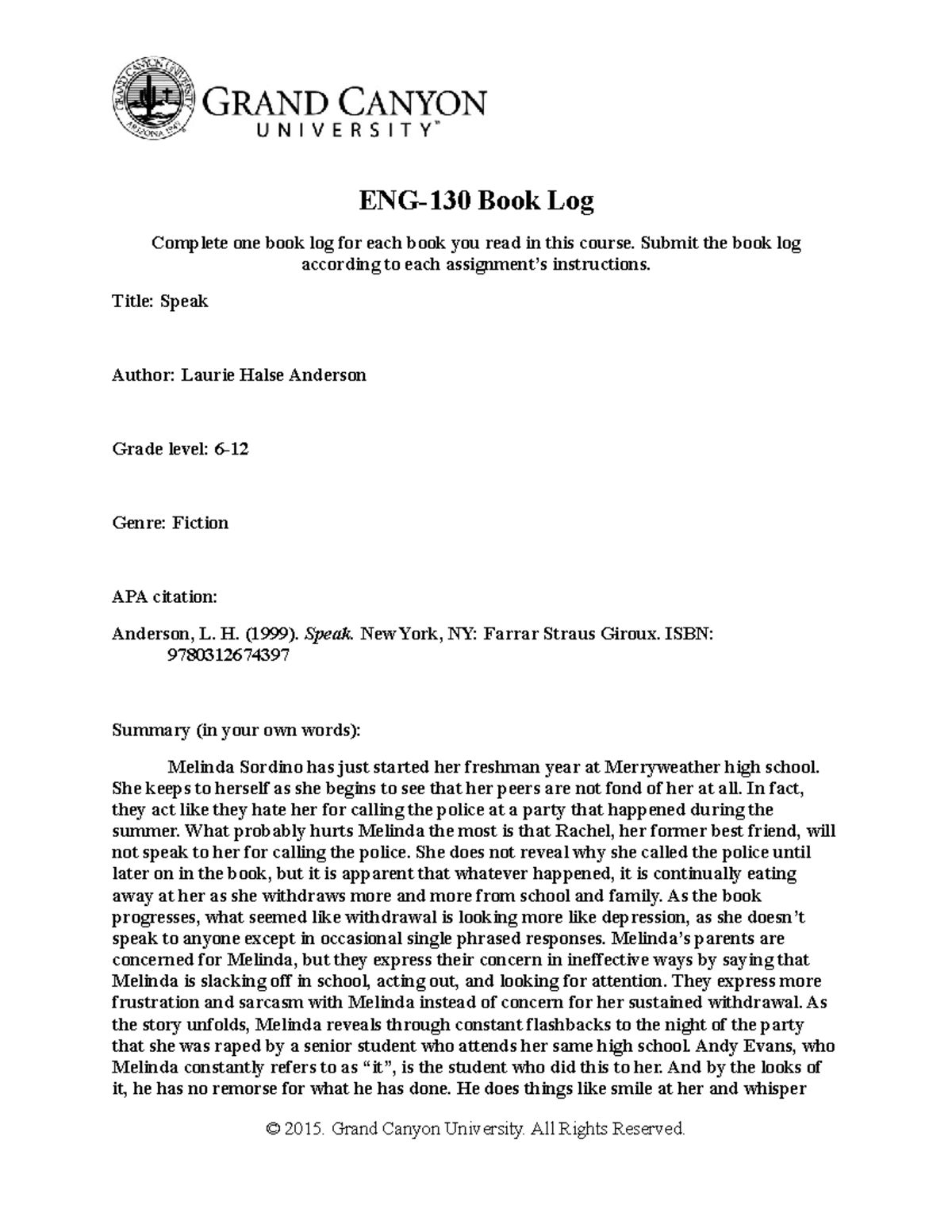 ENG 130 Speak Book Log - Book Log of Young Adult Novel - ENG-130 Book ...