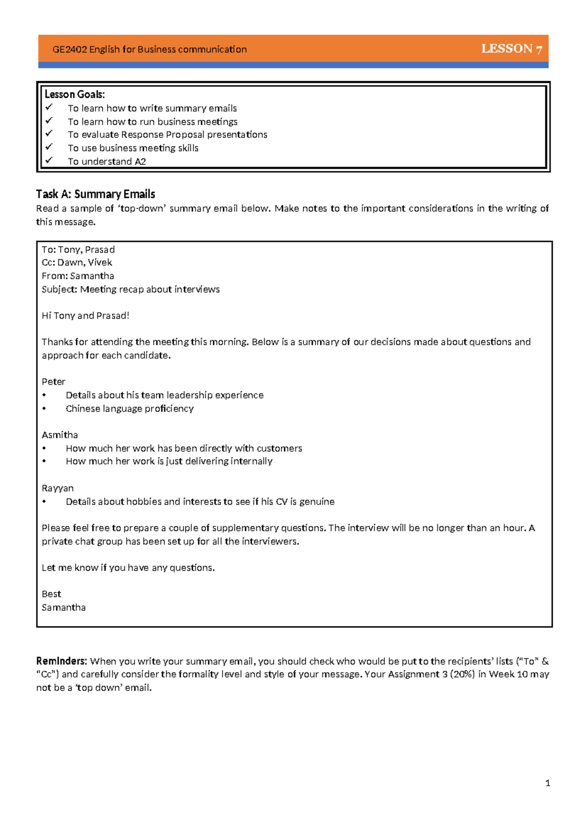 Lesson 7 Handout - Lesson Goals: To learn how to write summary emails ...