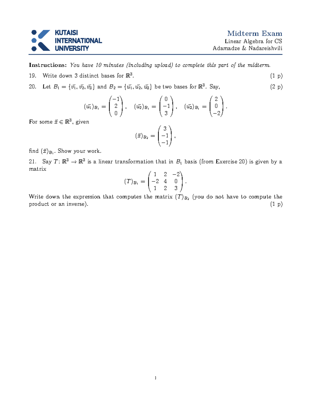 3v4 - linear algebra - Midterm Exam Linear Algebra for CS Adamadze ...