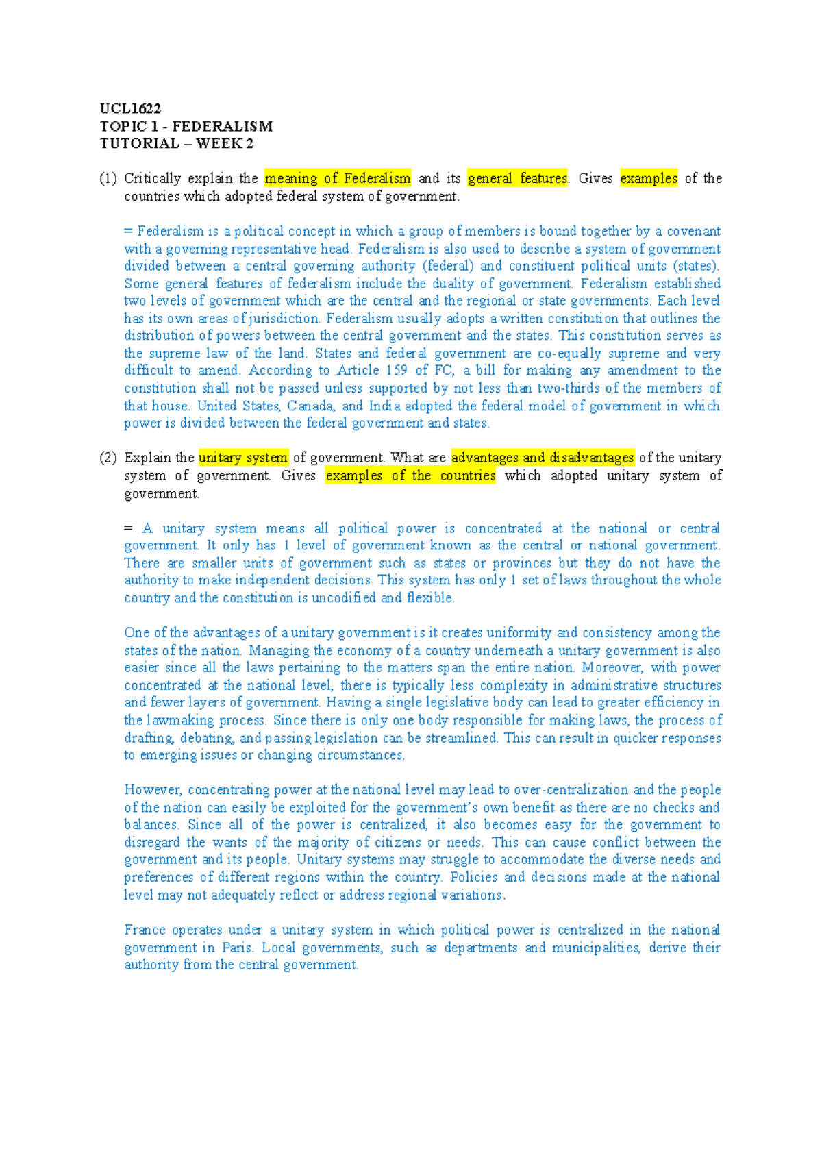 Tuto 1 Week 2 Federalism - UCL TOPIC 1 - FEDERALISM TUTORIAL – WEEK 2 ...