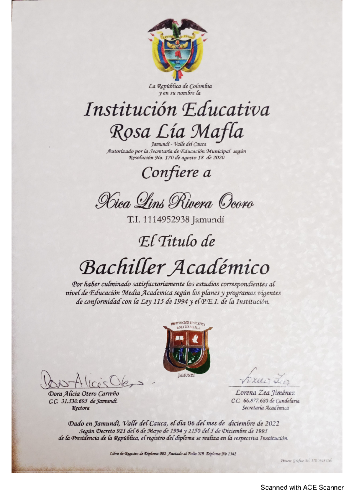 Diploma y acta de grado - estudio - La República de Colombia y en su ...